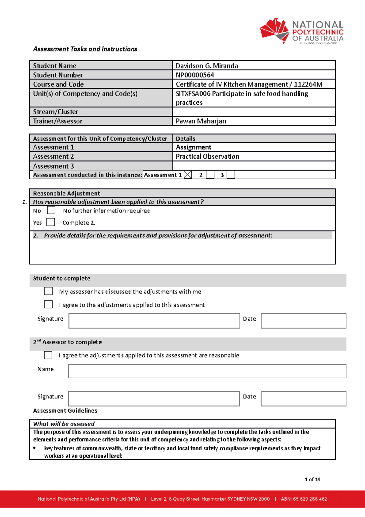 NPA Sitxfsa 006 Assessment 1 -Assignment - Assessment Tasks and ...