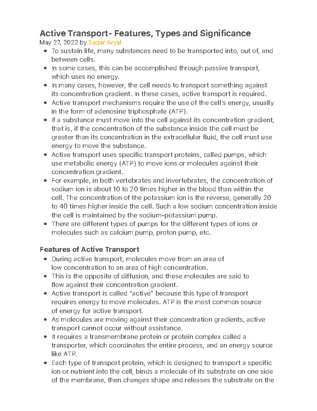 Active Transport- Features, Types and Significance - In some cases ...