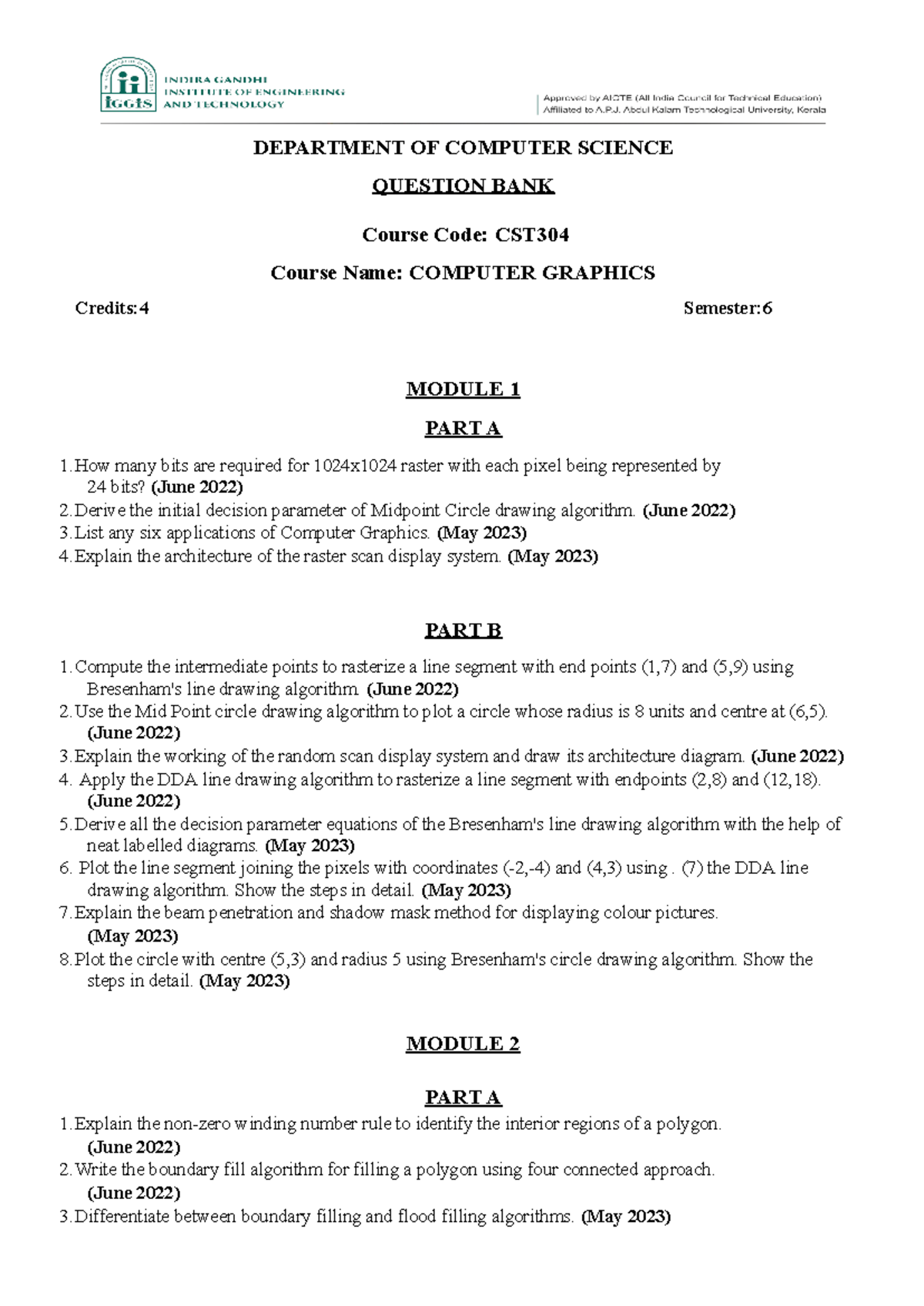 Computer Graphics Question BANK - DEPARTMENT OF COMPUTER SCIENCE QUESTION BANK Course Code: CST ...