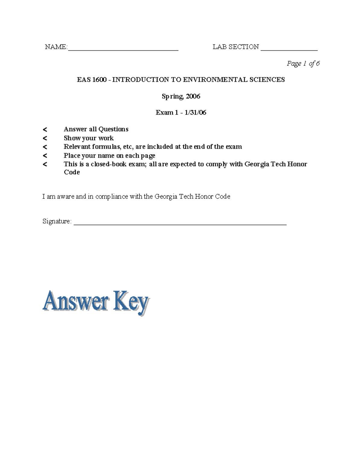 Exam 1 Key - Exam Solutions - Page 1 of 6 EAS 1600 - INTRODUCTION TO ...