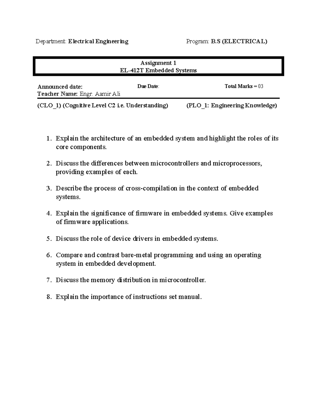 Assignment 1 - Department: Electrical Engineering Program: B (ELECTRICAL) Assignment 1 EL-412T ...