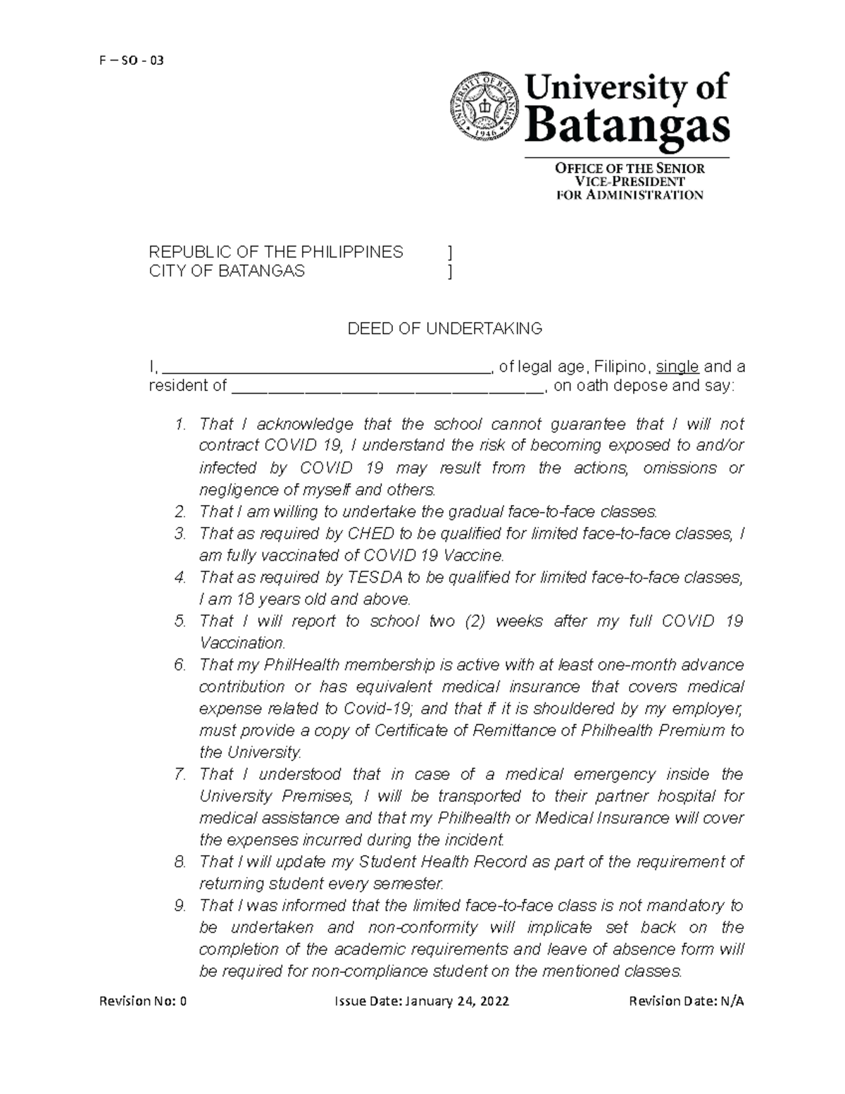 F SO 03 DEED OF Undertaking v - Revision No: 0 F – SO - 03 Revision ...