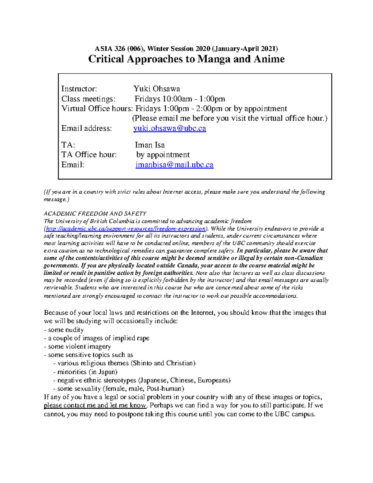 ASIA 326 (006) Syllabus - ASIA 326 (006), Winter Session 2020 (January ...