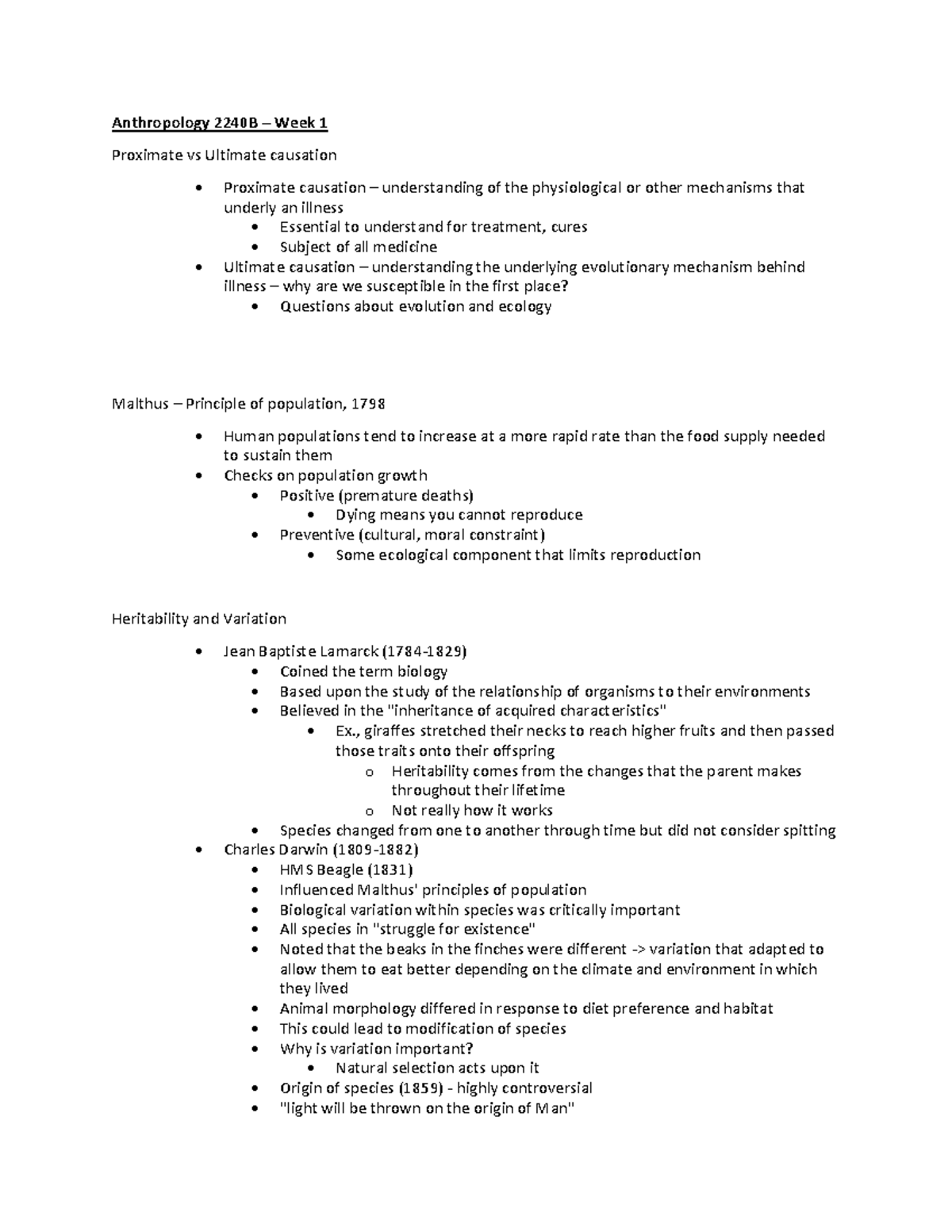 Anthro week 1 - Anthropology 2240B – Week 1 Proximate vs Ultimate ...