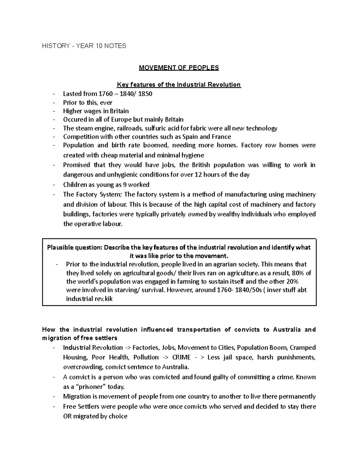 History - YEAR 10 Notes - Outlines the industrial revolution and the ...