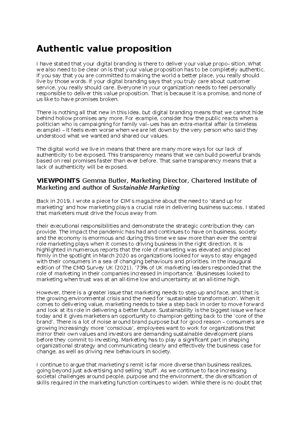 Notes-2 - Authentic value proposition - Authentic value proposition I ...