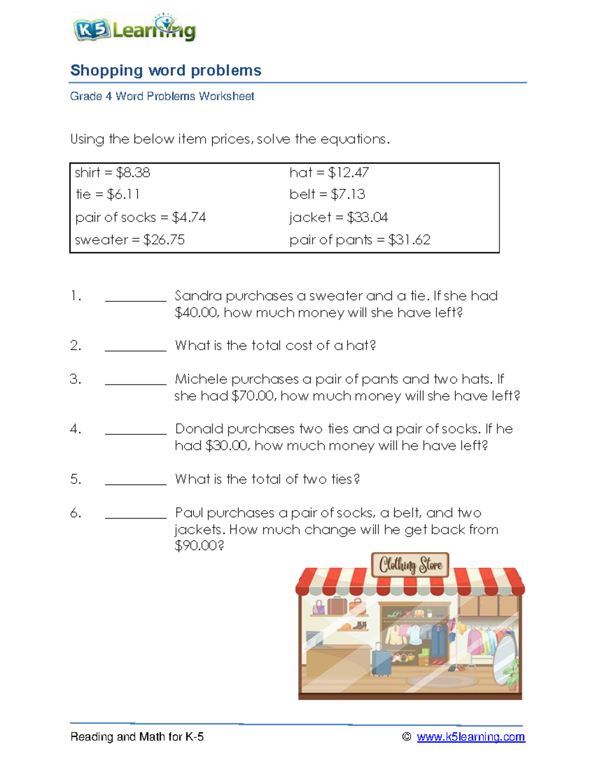 Grade 4 shopping word problems c - Reading and Math for K- 5 ...