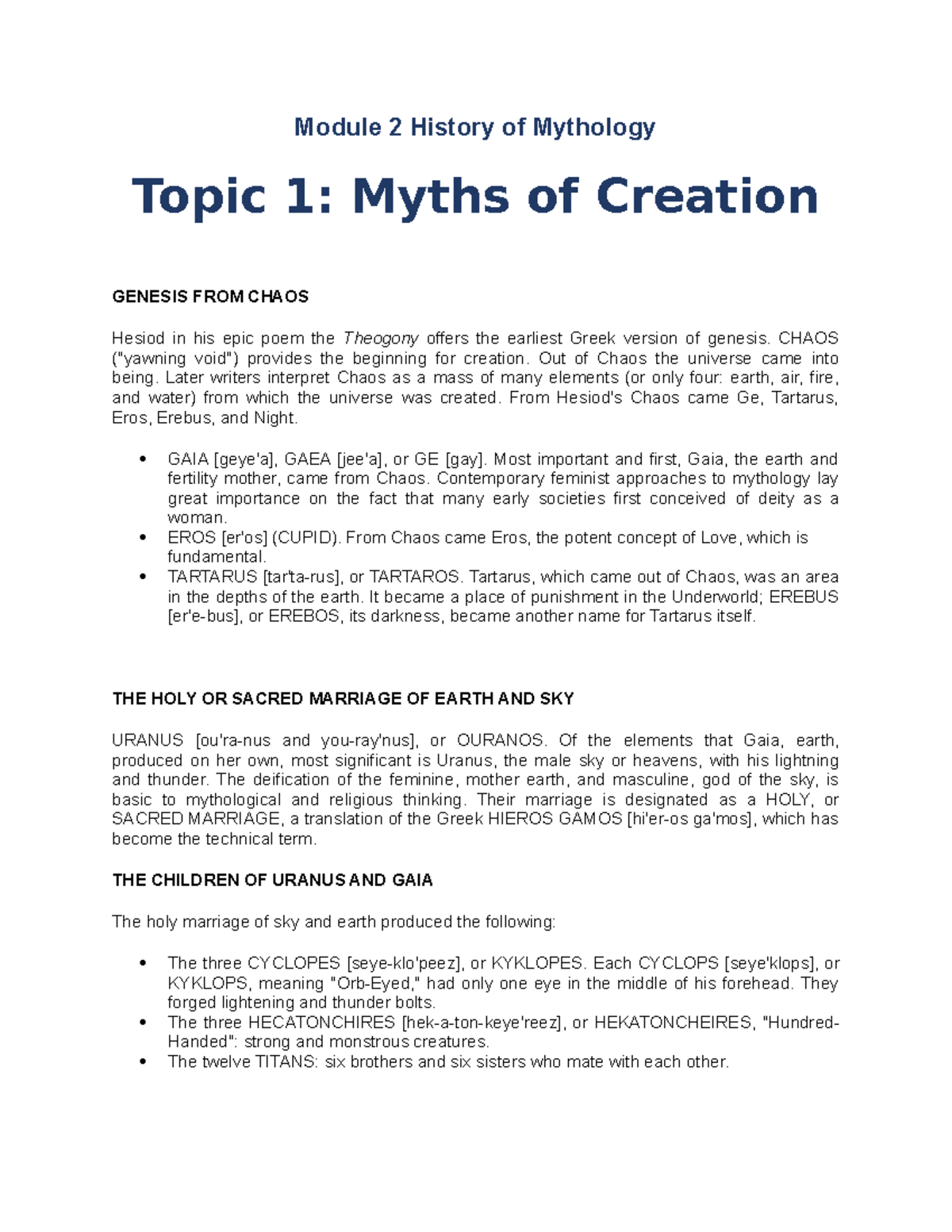 Module 2 Topic 1 Myths of Creation - Module 2 History of Mythology ...