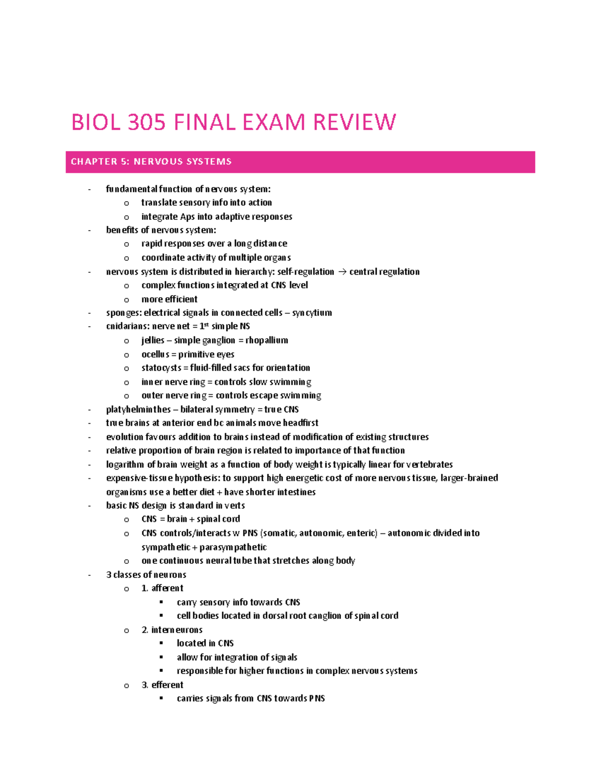 Biol 305 final exam study guide - BIOL 305 FINAL EXAM REVIEW CH A PT E R 5: NE R VO U S S YS T E ...