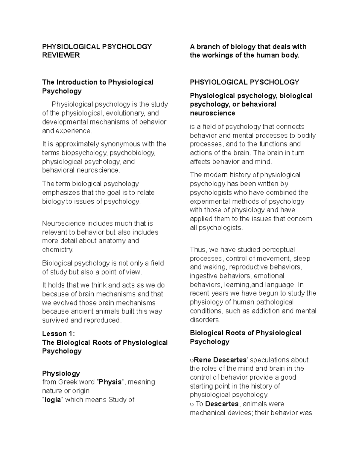 Physiological Psychology Reviewer - PHYSIOLOGICAL PSYCHOLOGY REVIEWER ...
