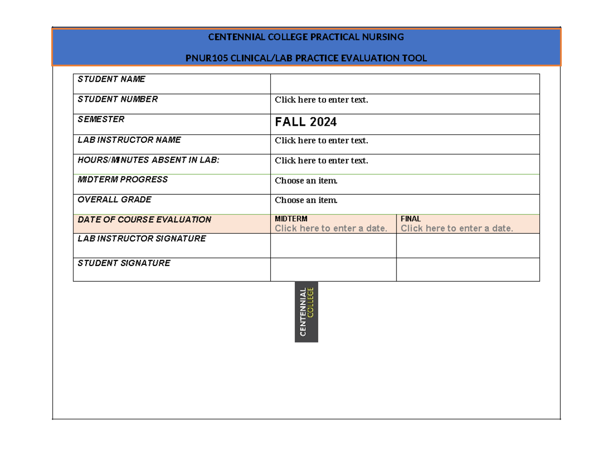 FALL2024 CPET LAB Evaluation - CENTENNIAL COLLEGE PRACTICAL NURSING ...
