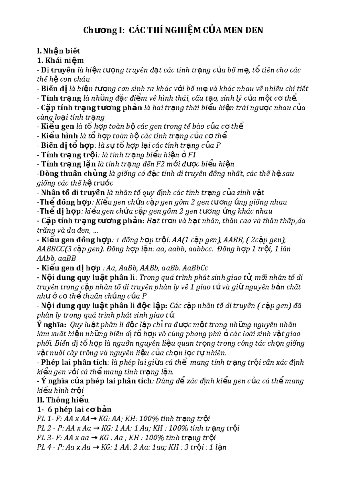 LÝ THUYẾT VÀ BÀI TẬP SINH 9 - Ch ương I: CÁC THÍ NGHI ỆM C ỦA MEN ĐEN I. Nh ận biếết Khái ni ệm ...