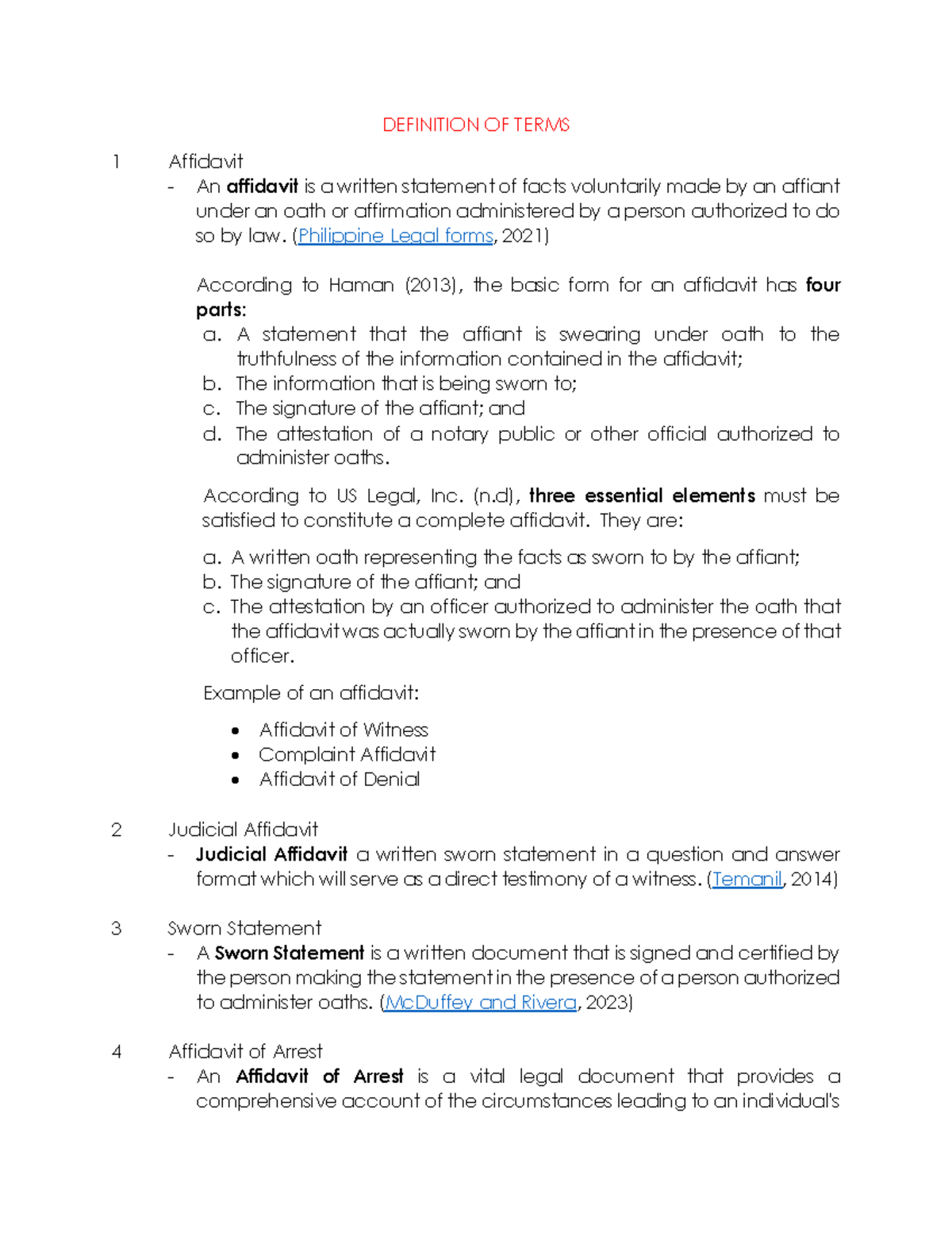 Definition-of-Terms - Criminoly - DEFINITION OF TERMS 1 Affidavit - An ...