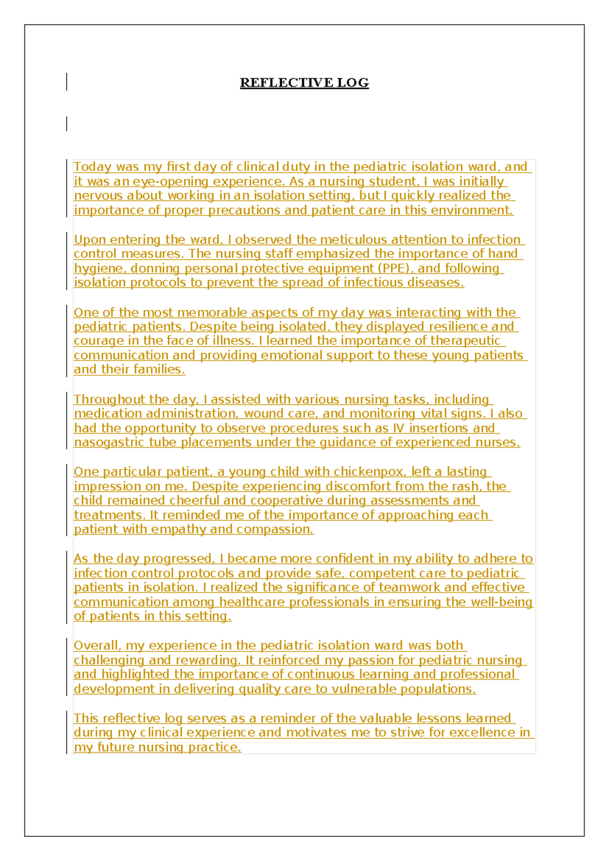 Reflection log - REFLECTIVE LOG Today was my first day of clinical duty ...