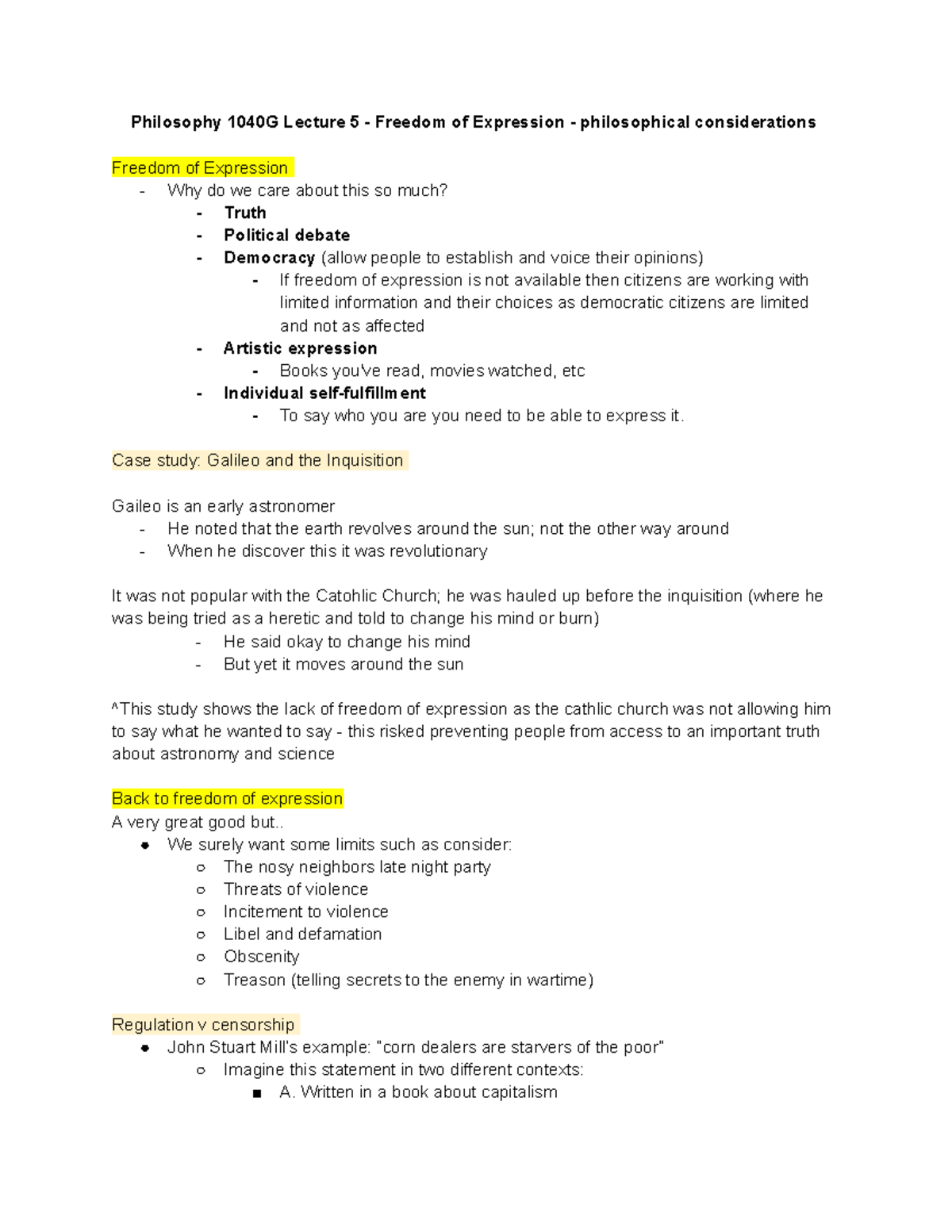 Philosophy 1040G Lecture 5 - Freedom of Expression - philosophical ...