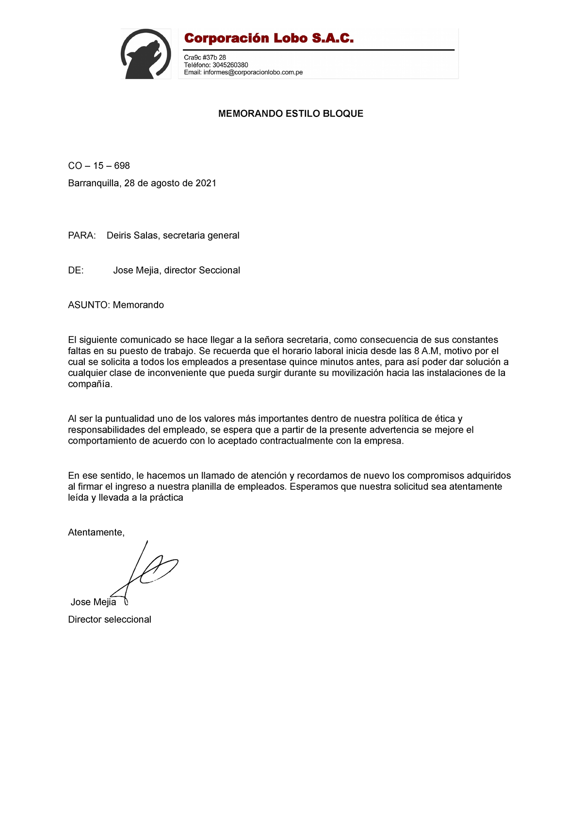 Memorandoestilo Bloque - MEMORANDO ESTILO BLOQUE CO – 15 – 698 ...