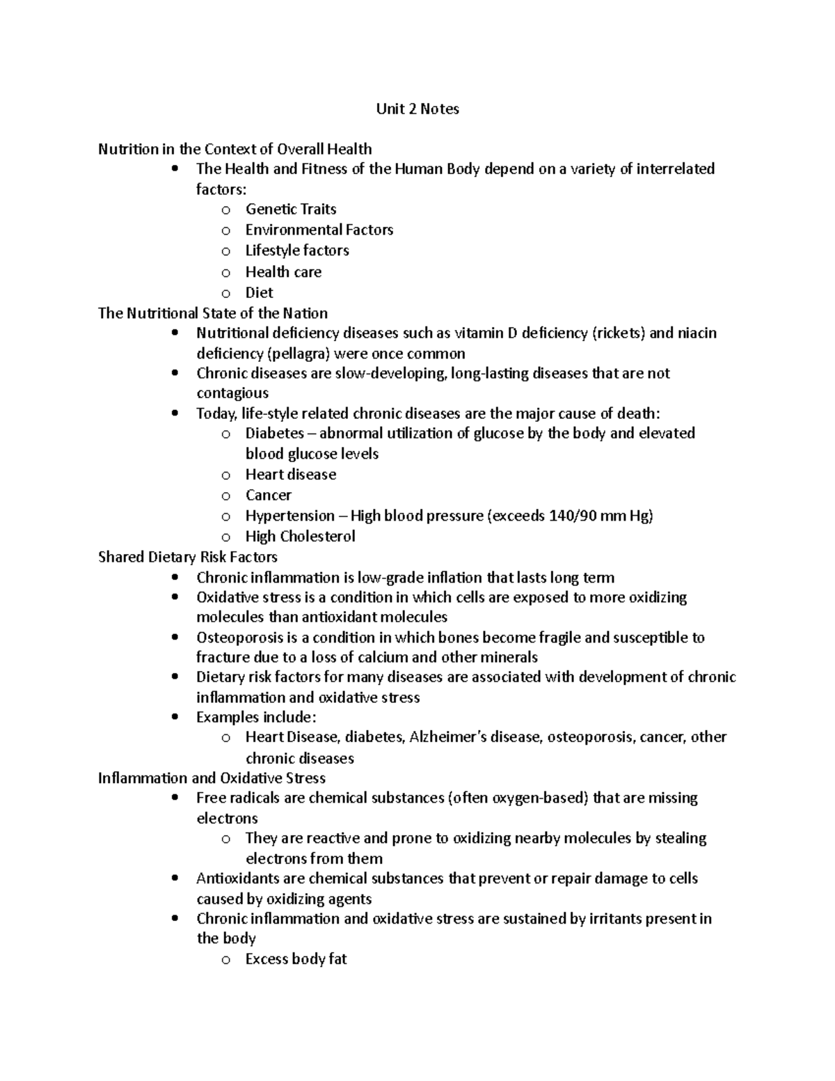 Unit 2 Notes - Nutrition in the Context of Overall Health - Unit 2 ...