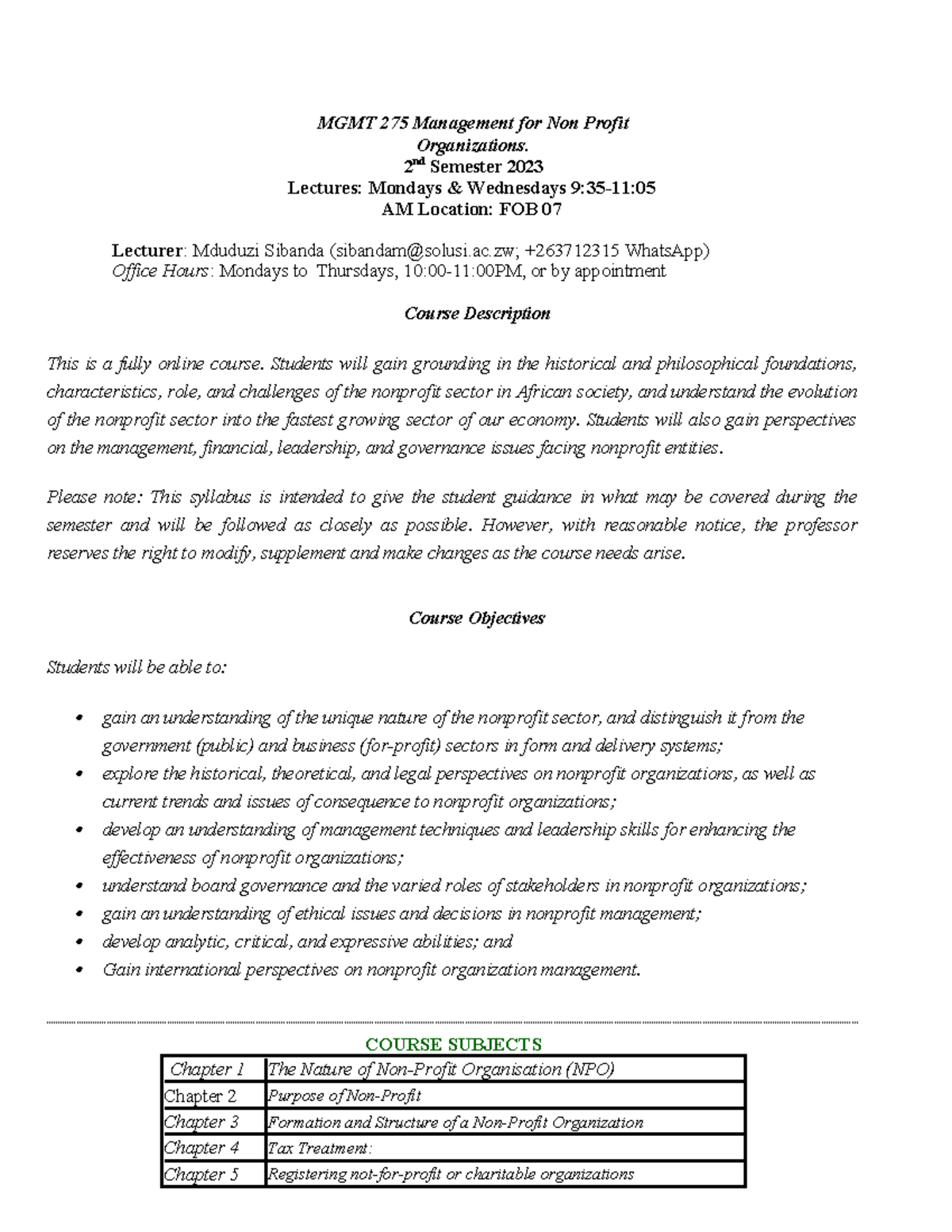 MGMT 275 Course Outline Management for Non Profit Organizations - MGMT ...