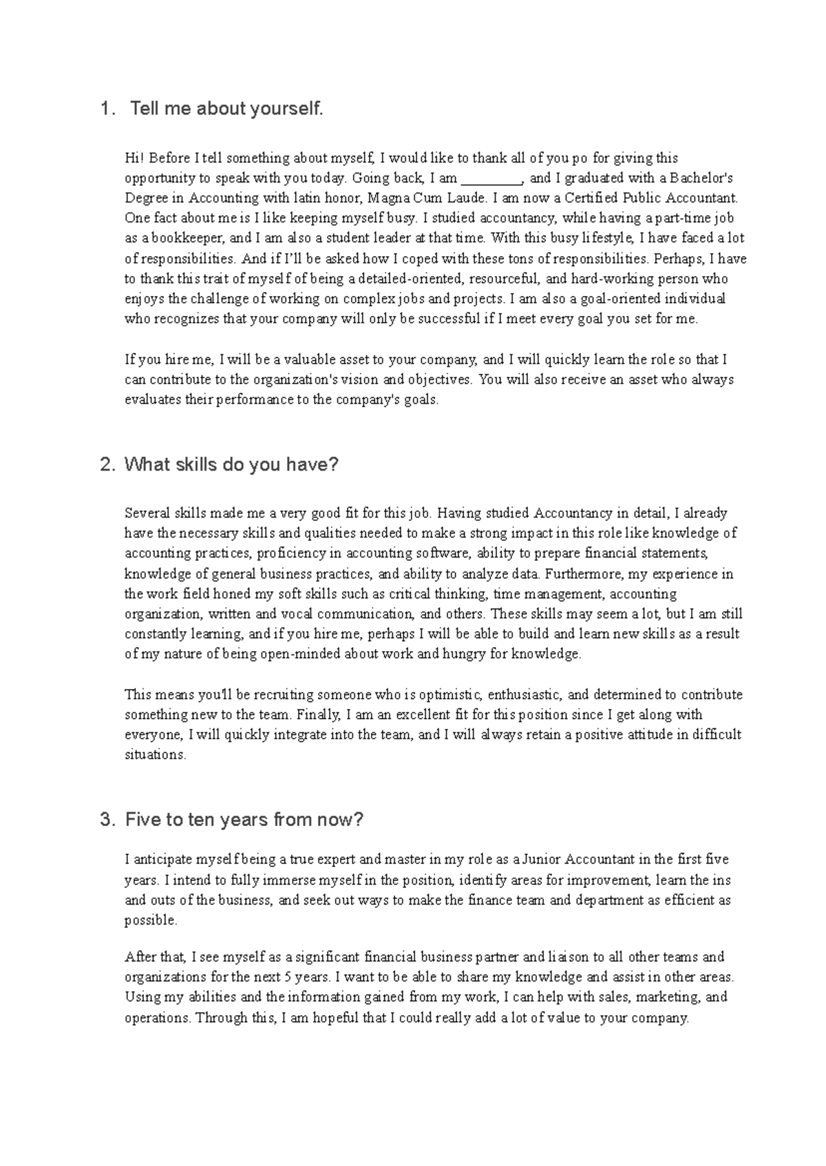 Interview sample questions and answers for Accounting grad - 1. Tell me ...