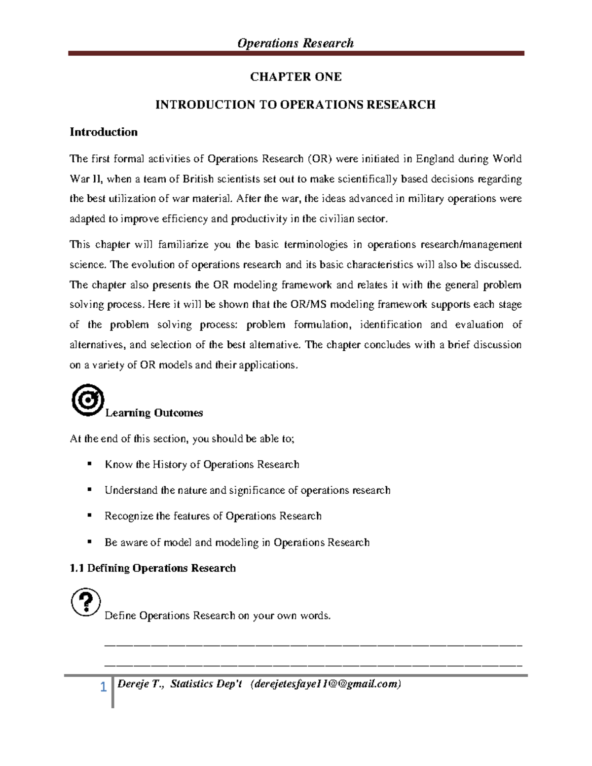 OR RV - Operation Research - CHAPTER ONE INTRODUCTION TO OPERATIONS ...