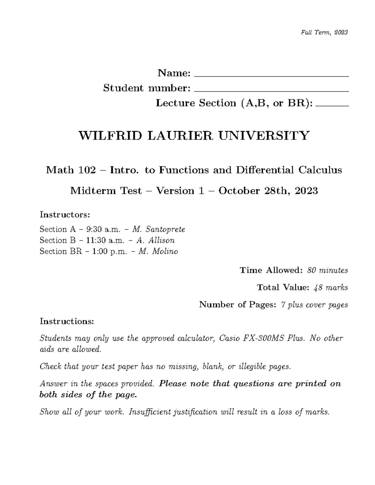 Midterm-V1-solutions - Fall Term, 2023 Name: Student number: Lecture ...