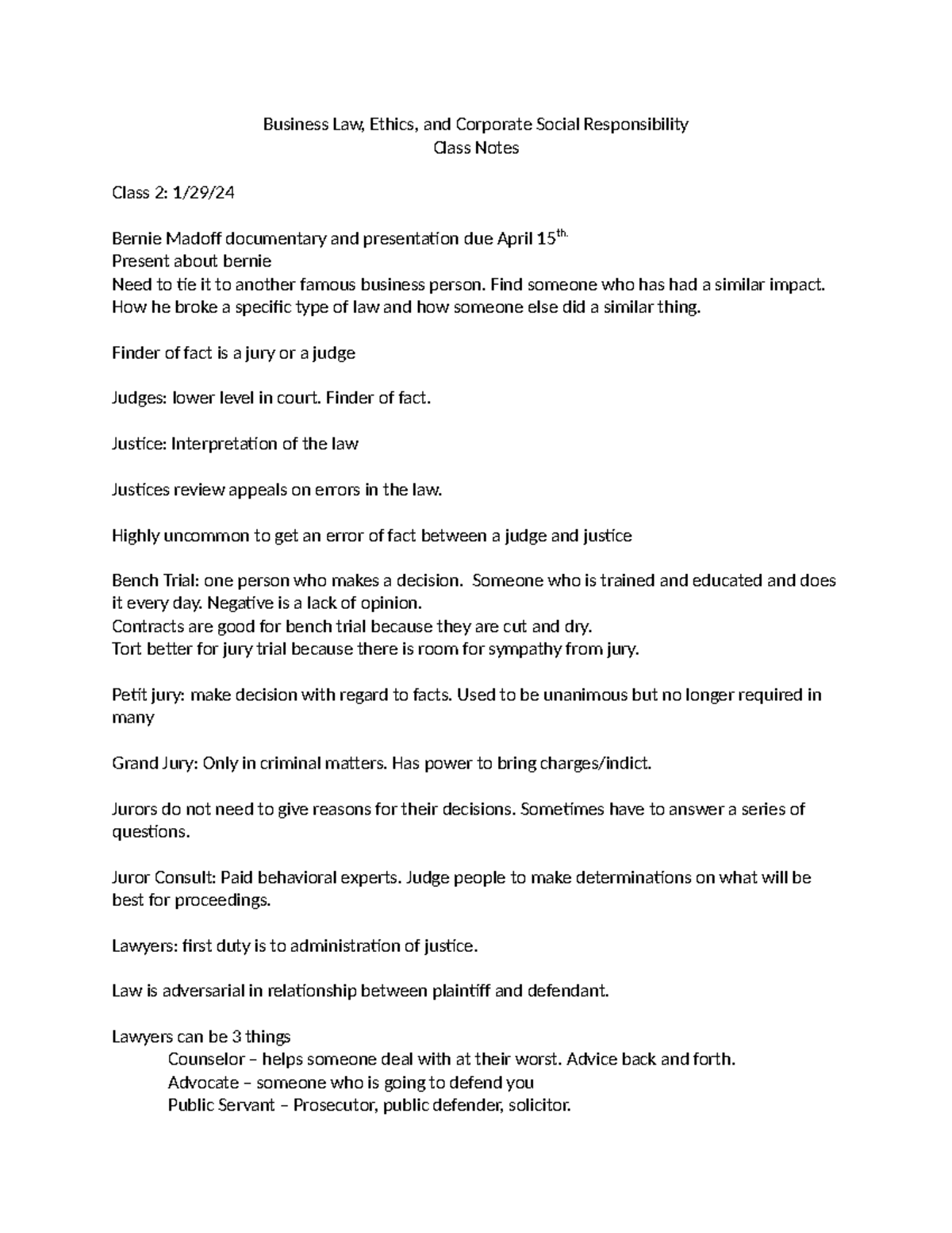 Business Law Class Notes - Business Law, Ethics, and Corporate Social ...