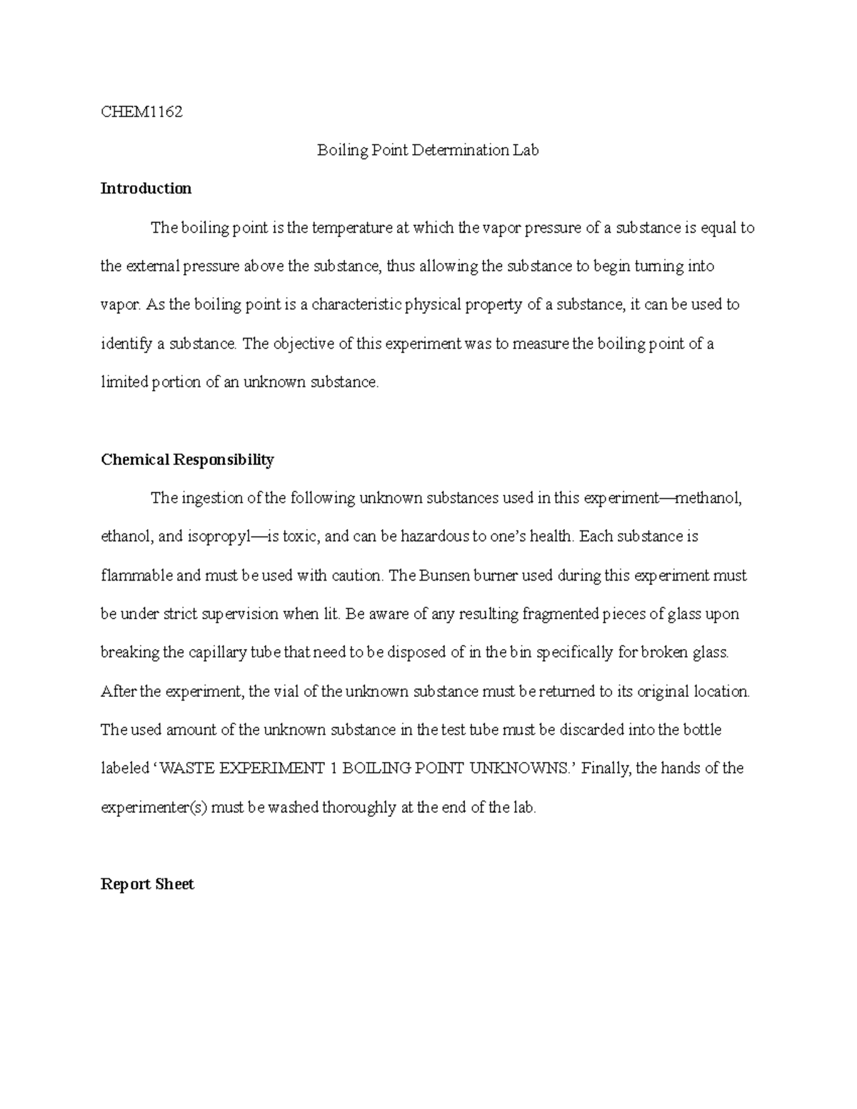 Copy of CHEM1162 Lab Report Boiling Point - CHEM Boiling Point Determination Lab Introduction ...
