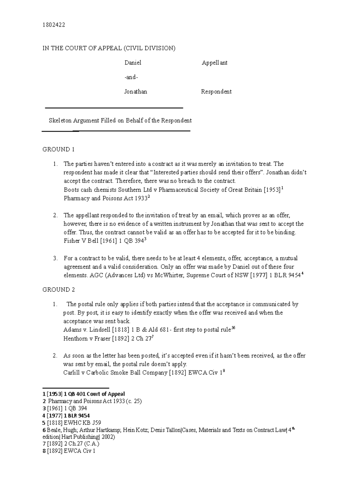 1802422 Skeleton Argument 1802422 IN THE COURT OF APPEAL CIVIL