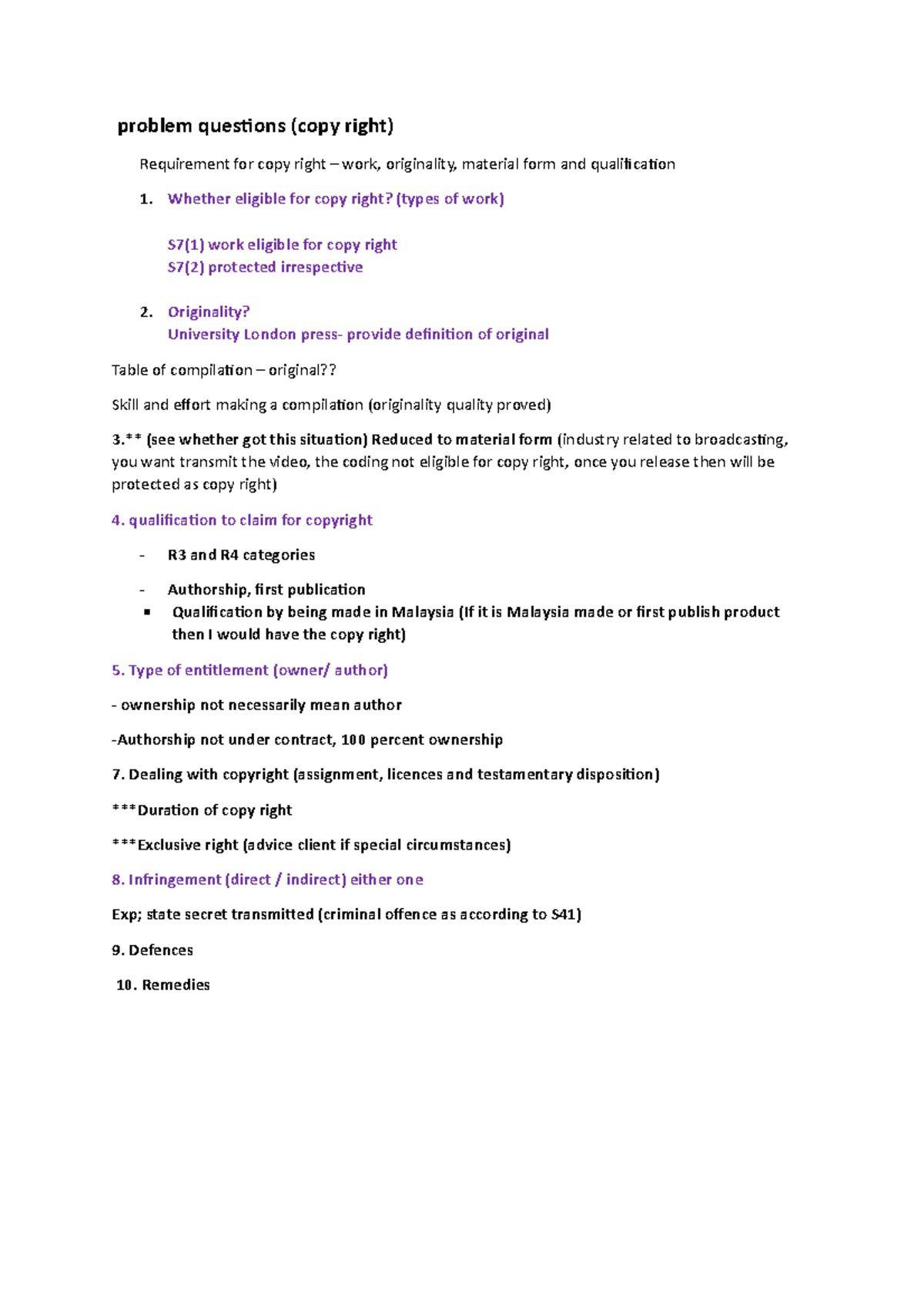 Copy Rights Law - problem questions (copy right) Requirement for copy ...