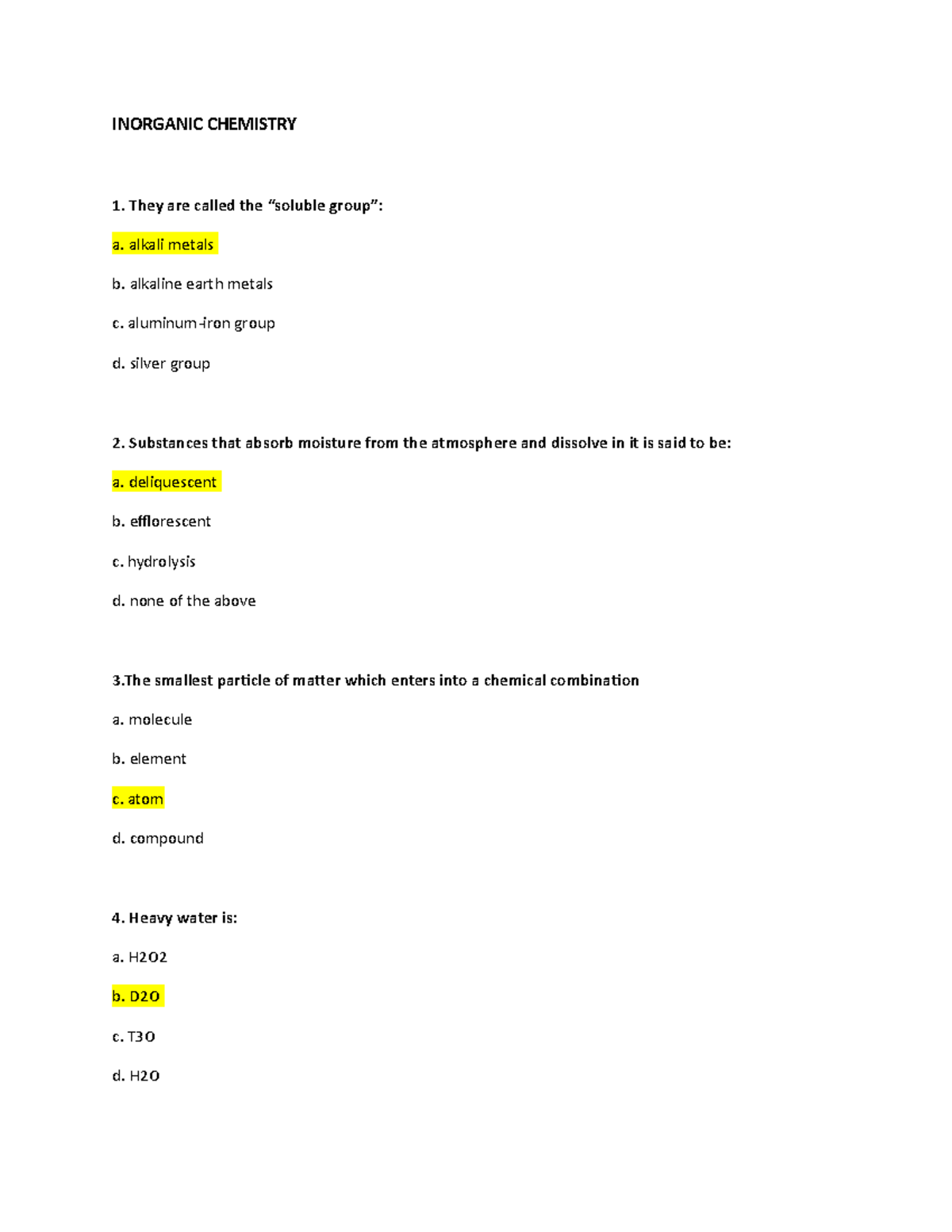 Inorganic Chemistry- Quiz 2 - INORGANIC CHEMISTRY They are called the ...