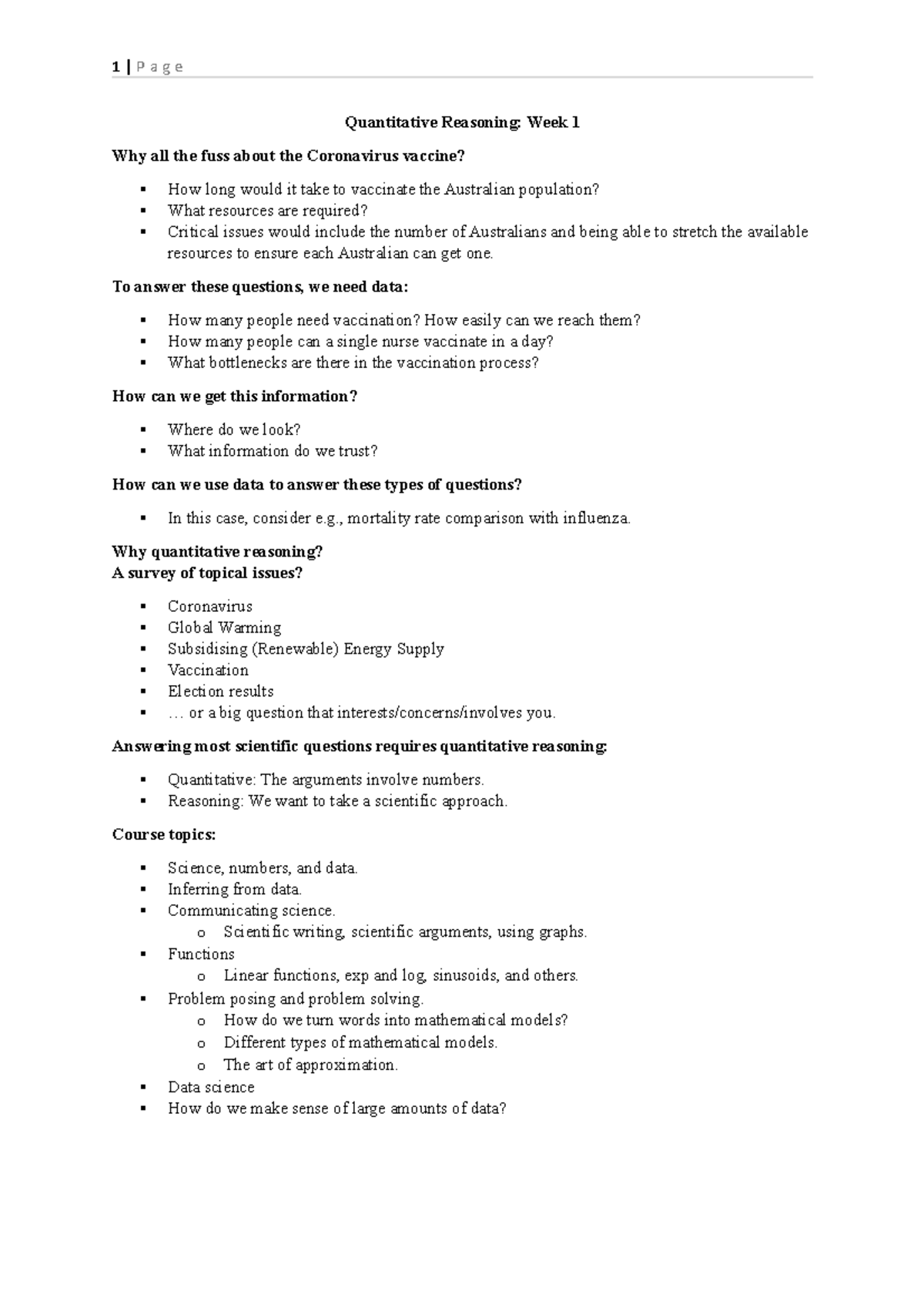 Quantitative Reasoning Week 1 - To answer these questions, we need data ...