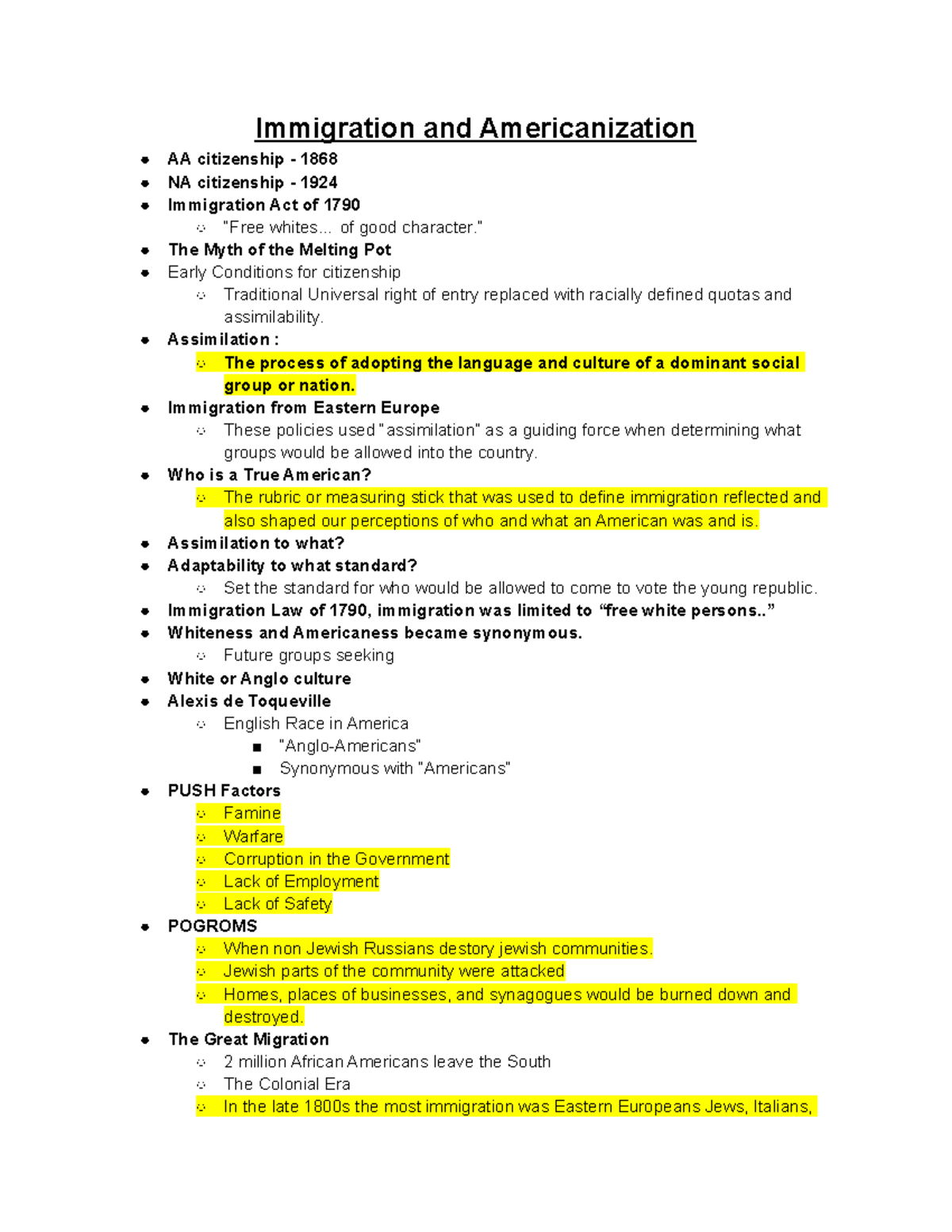 Immigration and Americanization Notes - Immigration and Americanization ...