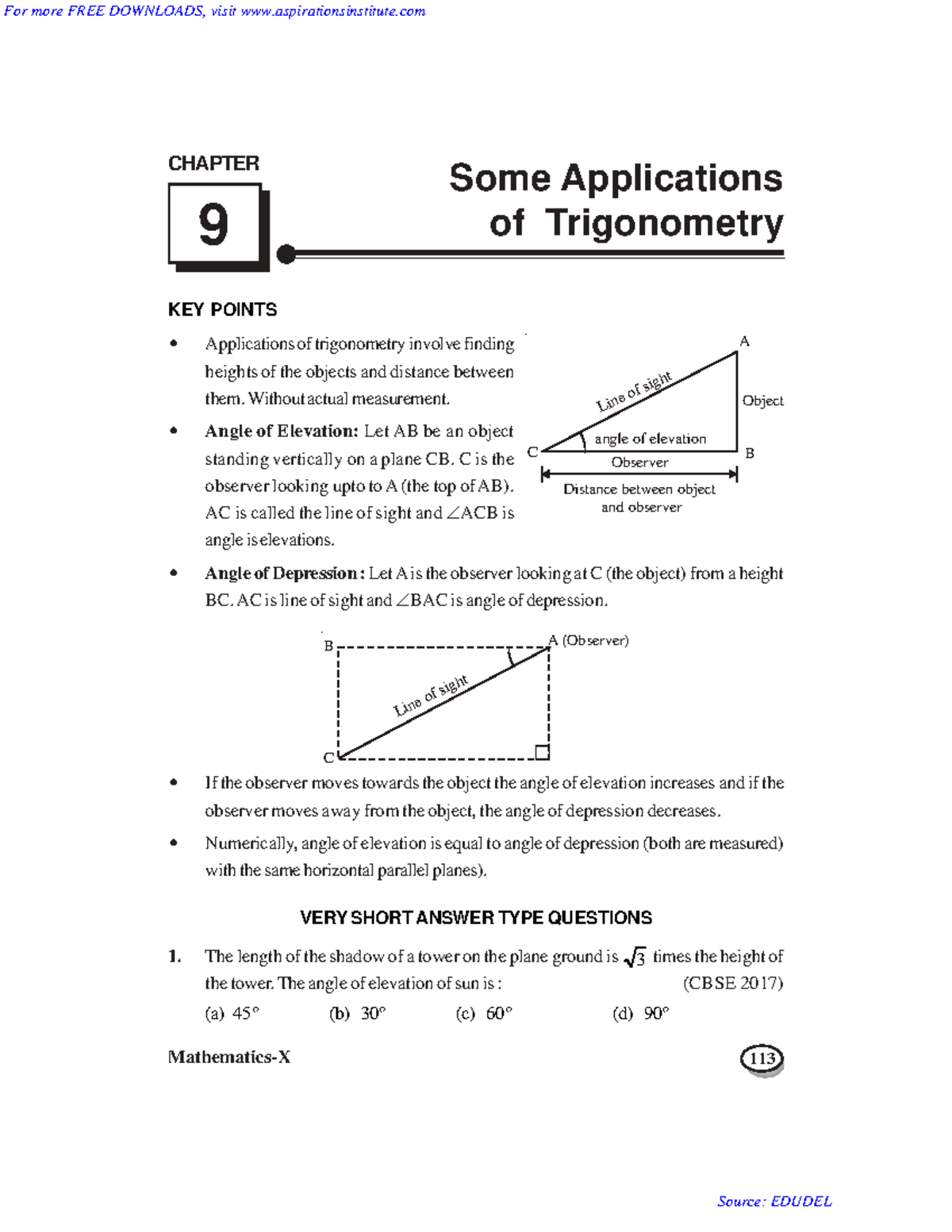 10 Maths Some Applications of Trigonometry Question Bank - Mathematics ...