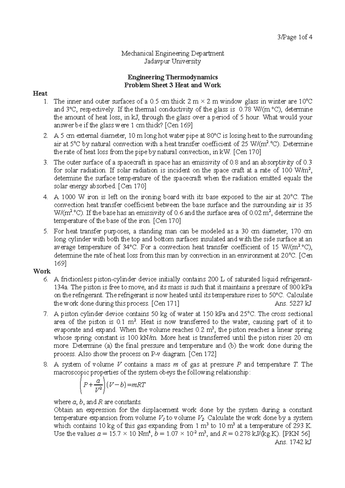 Problem Sheet 3 Heat, Work and the First Law of Thermodynamics ...