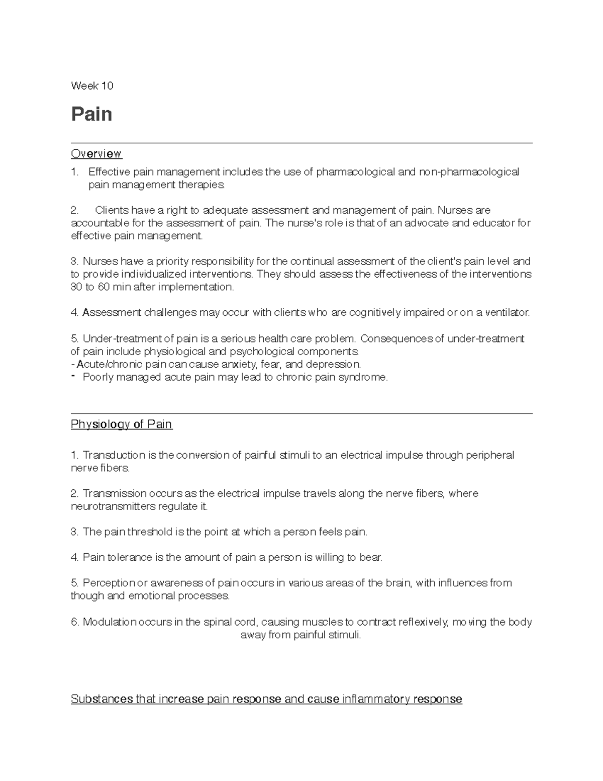 Pain notes nurse-1 - Week 10 Pain Overview Effective pain management ...