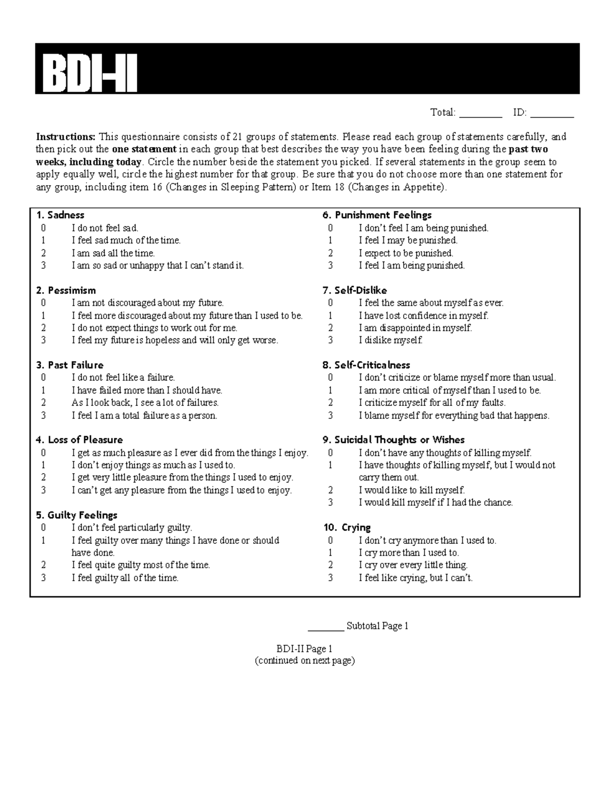 BDI 2 ingles - ..... - BDI-II Total: ID: Instructions: This questionnaire consists of 21 groups ...