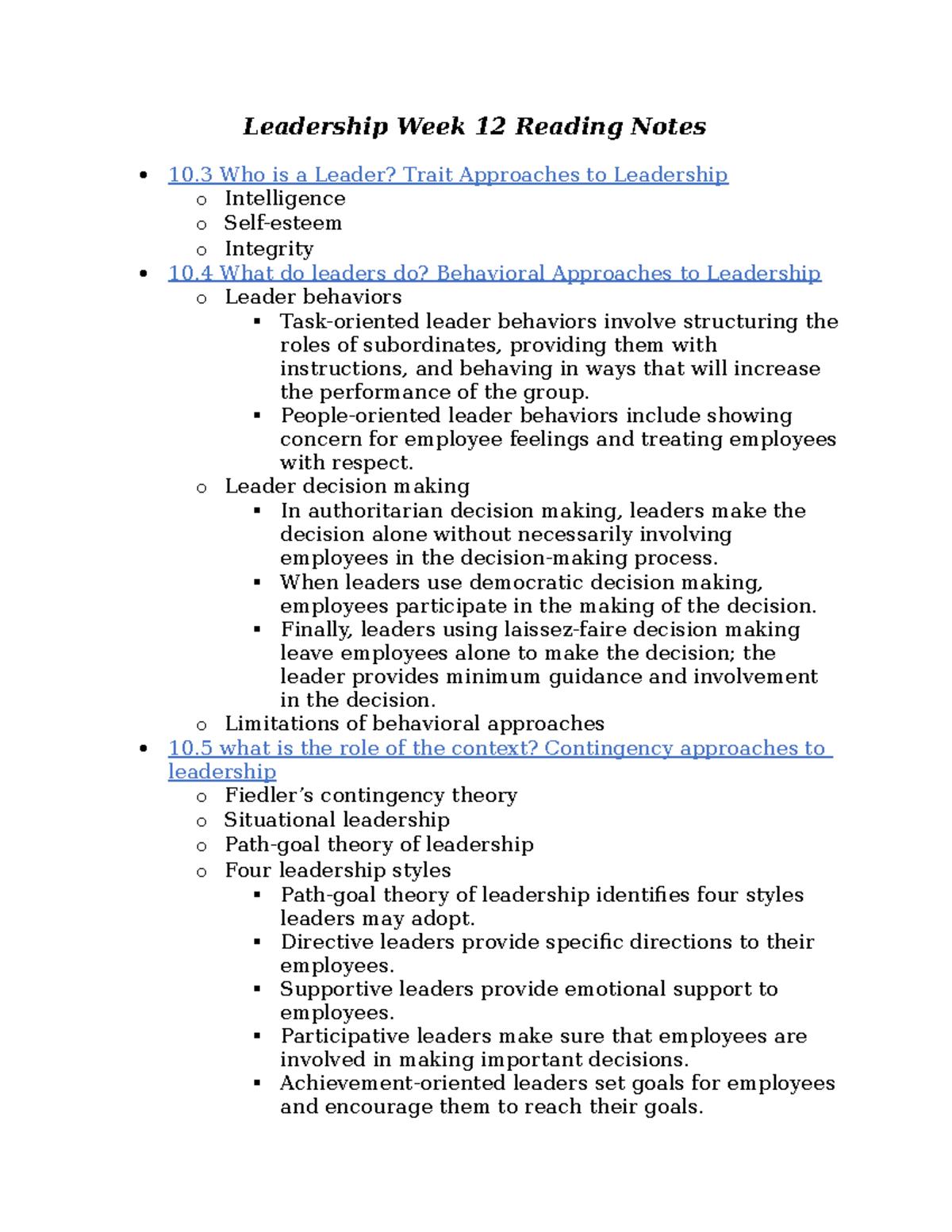 Week 12 Reading Notes - Leadership Week 12 Reading Notes 10 Who is a ...