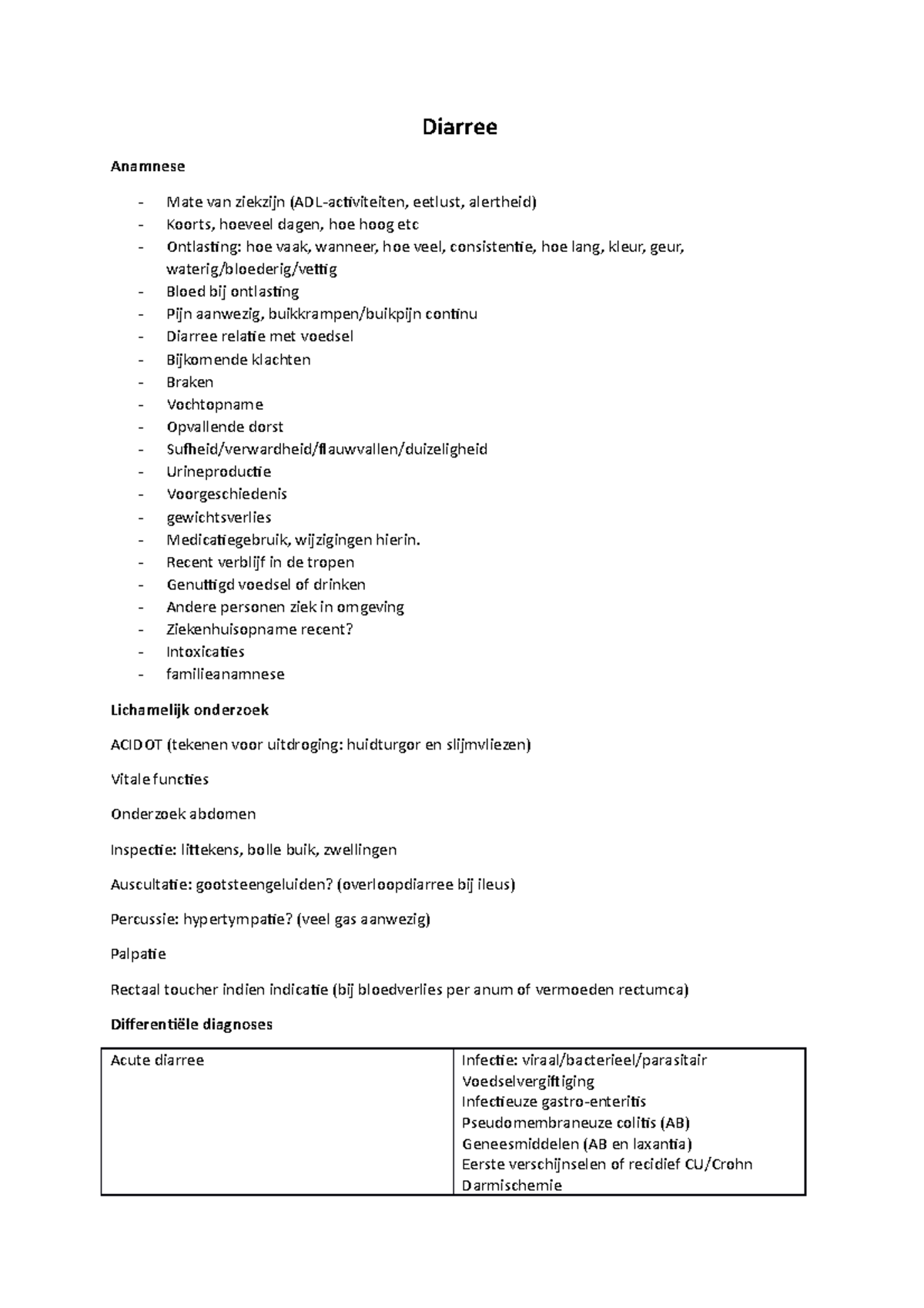 Diarree anamnese-LO-AO-DD - Diarree Anamnese Mate van ziekzijn (ADL ...