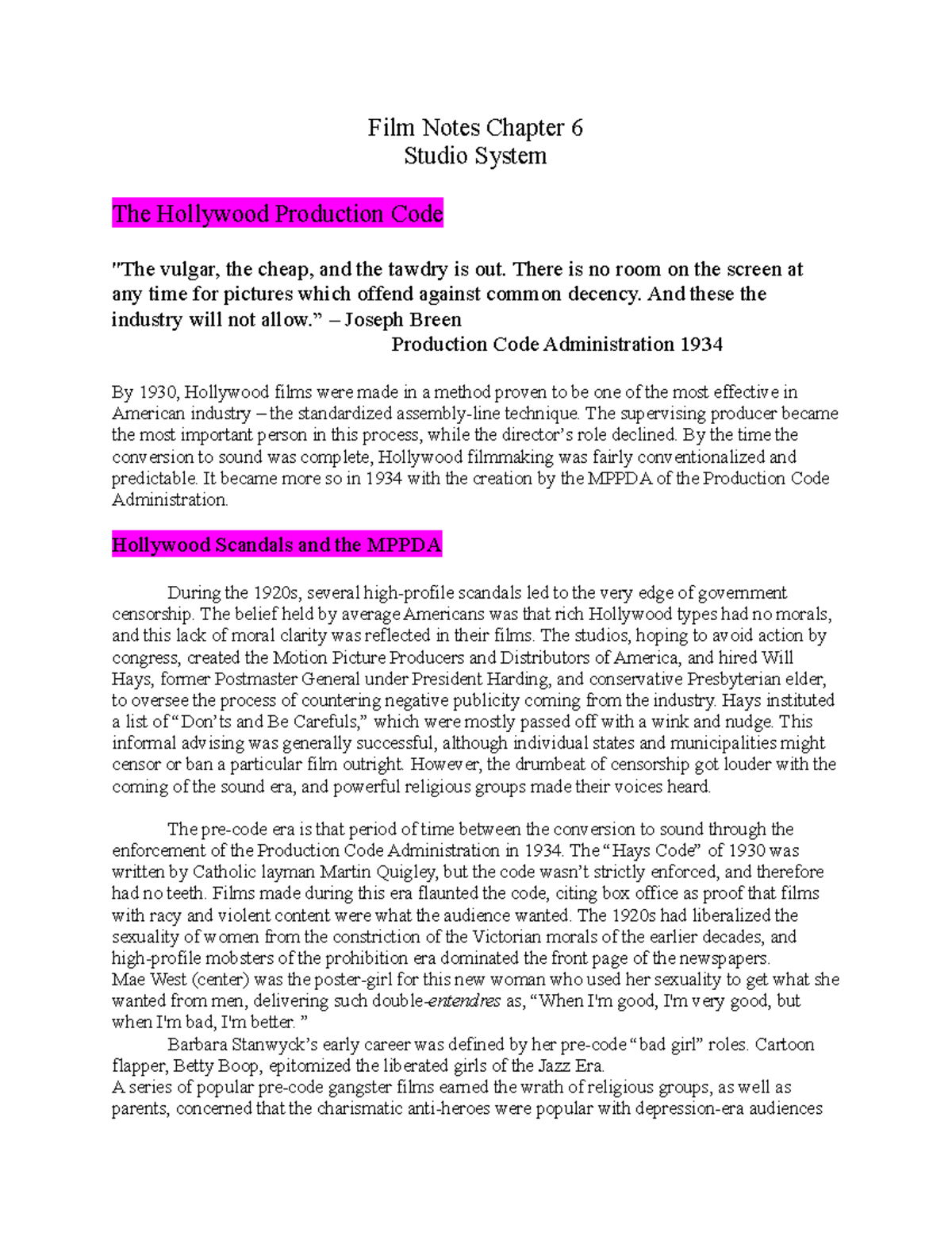 Film Notes Chapter 6 - The studio system! - Film Notes Chapter 6 Studio ...