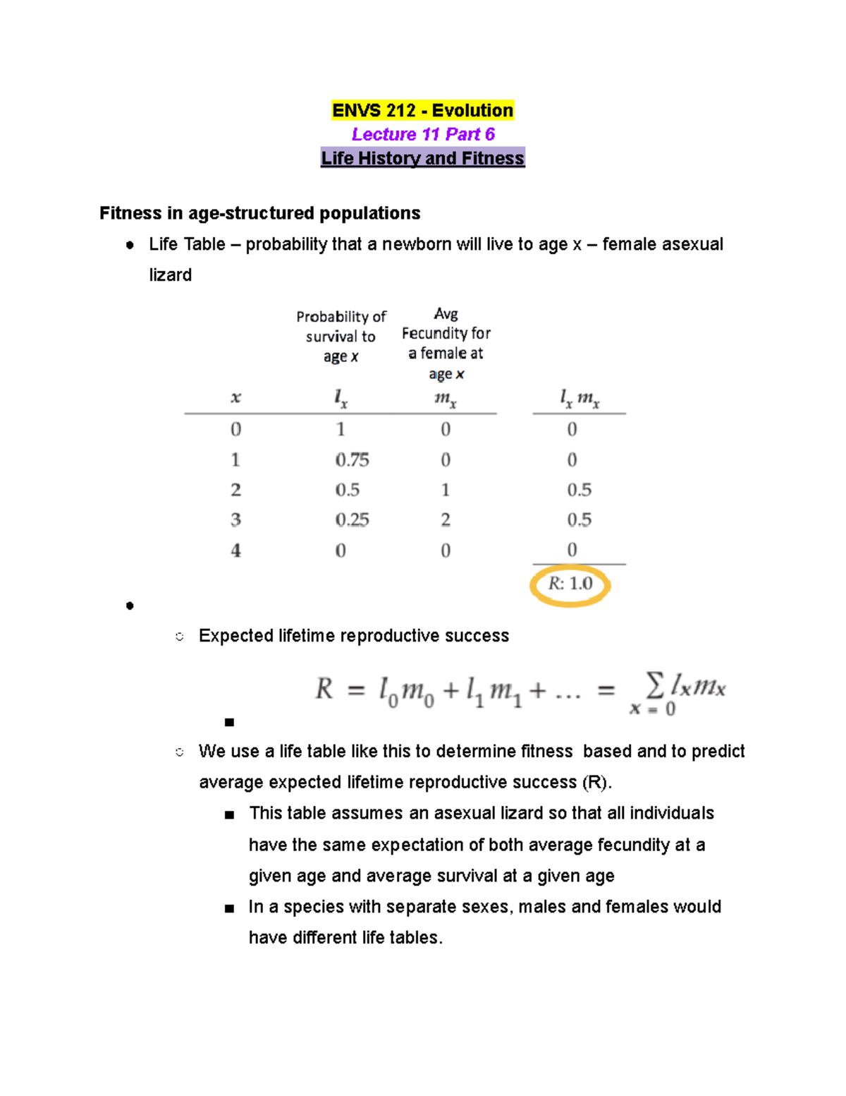 ENVS 212 Lecture 11 Part 6 - Spring 2020 - ENVS 212 - Evolution Lecture 11 Part 6 Life History ...