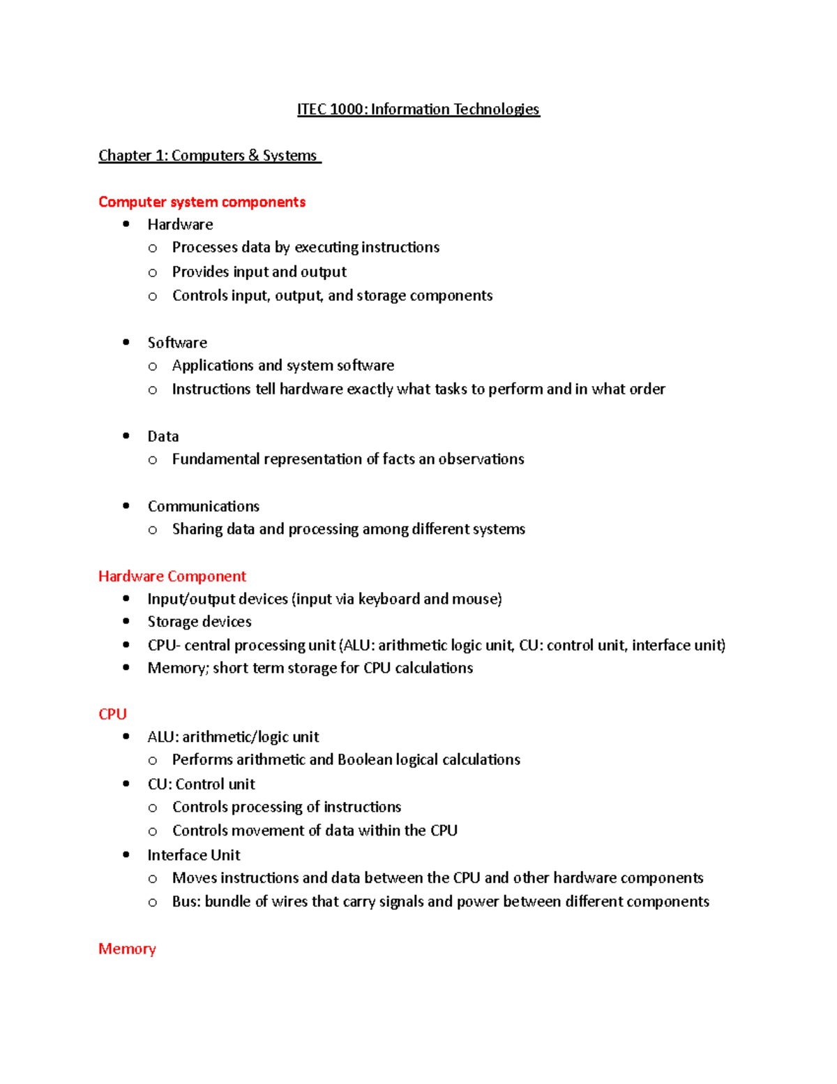 ITEC 1000- Chapter 1 notes - ITEC 1000: Informaion Technologies Chapter ...