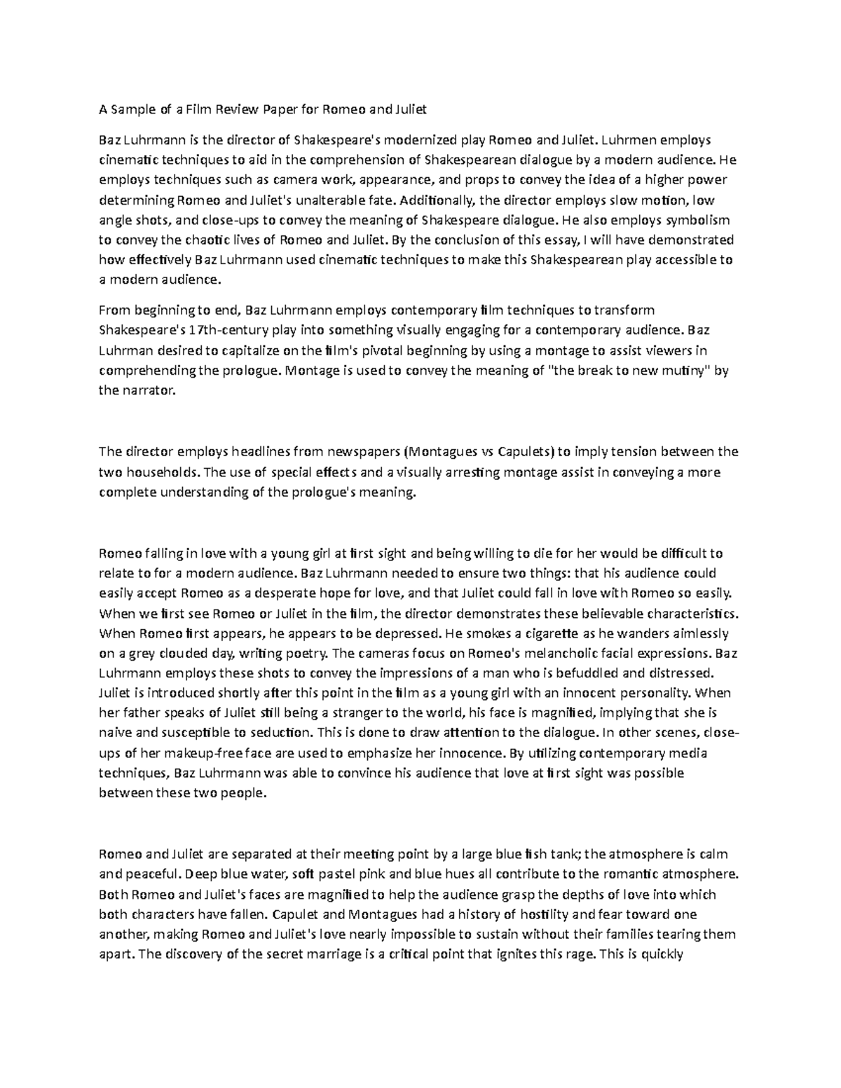 A Sample of a Film Review Paper for Romeo and Juliet - Luhrmen employs ...