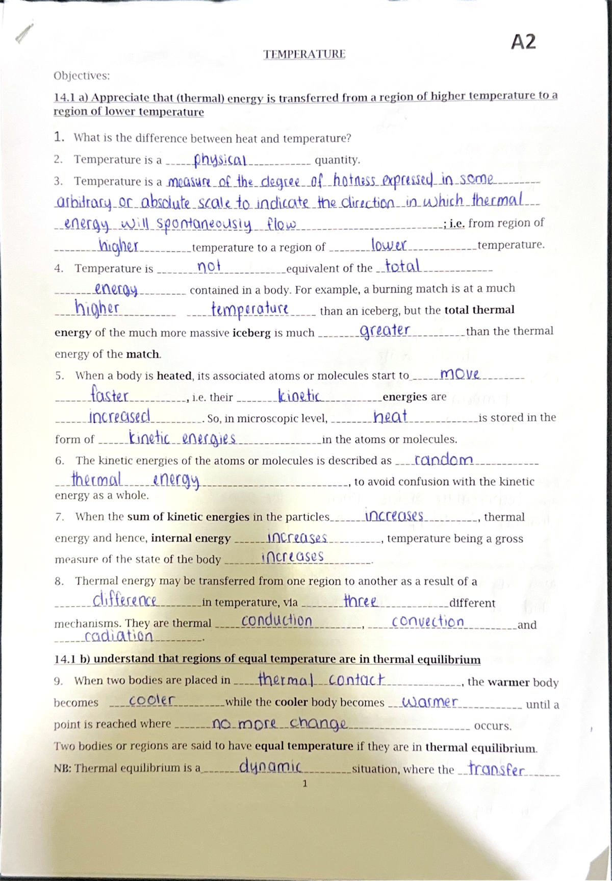 Chapter 14 Temperature - A2 TEMPERATURE Objectives: 14 a) Appreciate ...