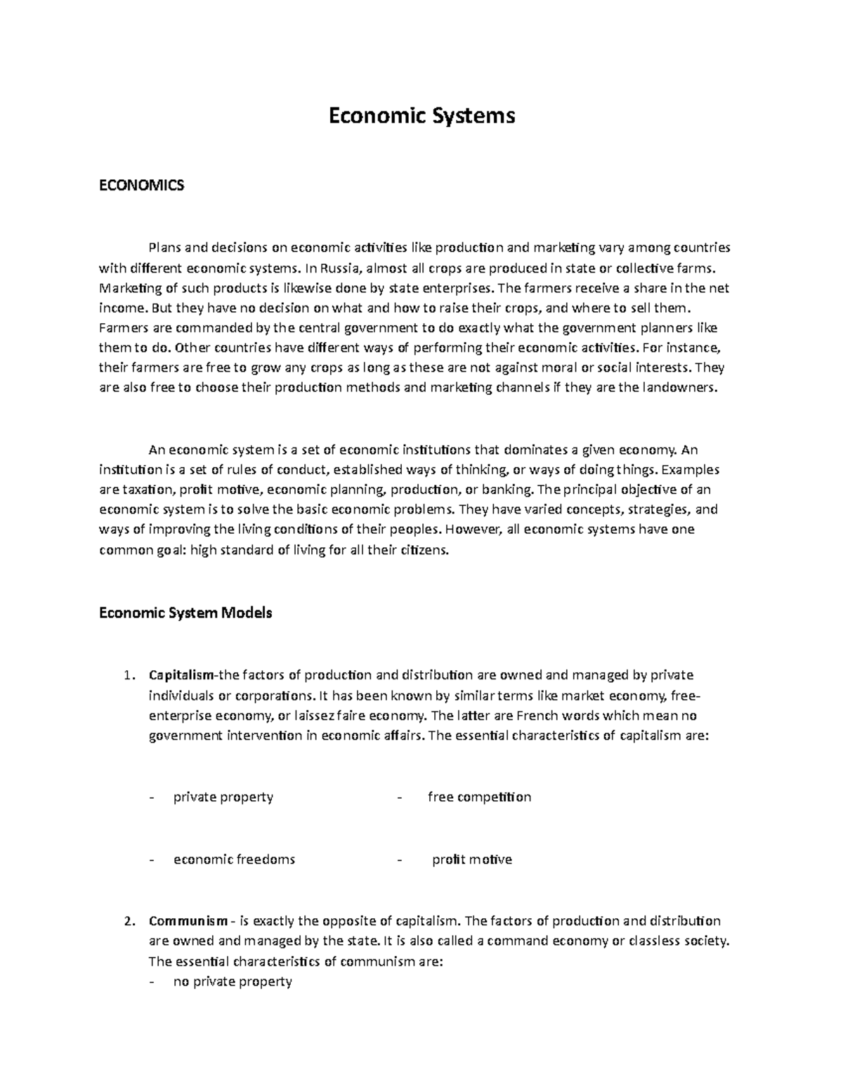 Economic Systems - Economic Systems ECONOMICS Plans and decisions on ...
