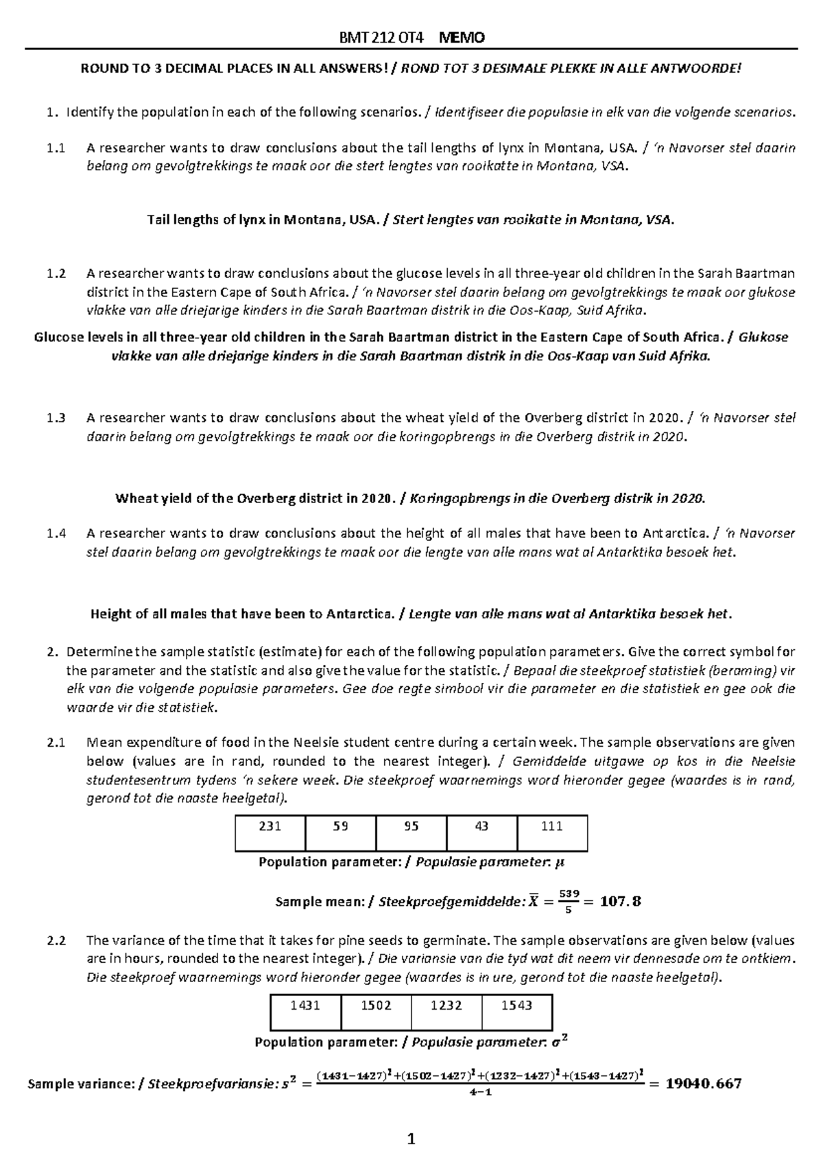 BMT212 OT4 (MEMO) - Tutorial 4 memo - 1 BMT 2 12 OT 4 MEMO ROUND TO 3 DECIMAL PLACES IN ALL ...