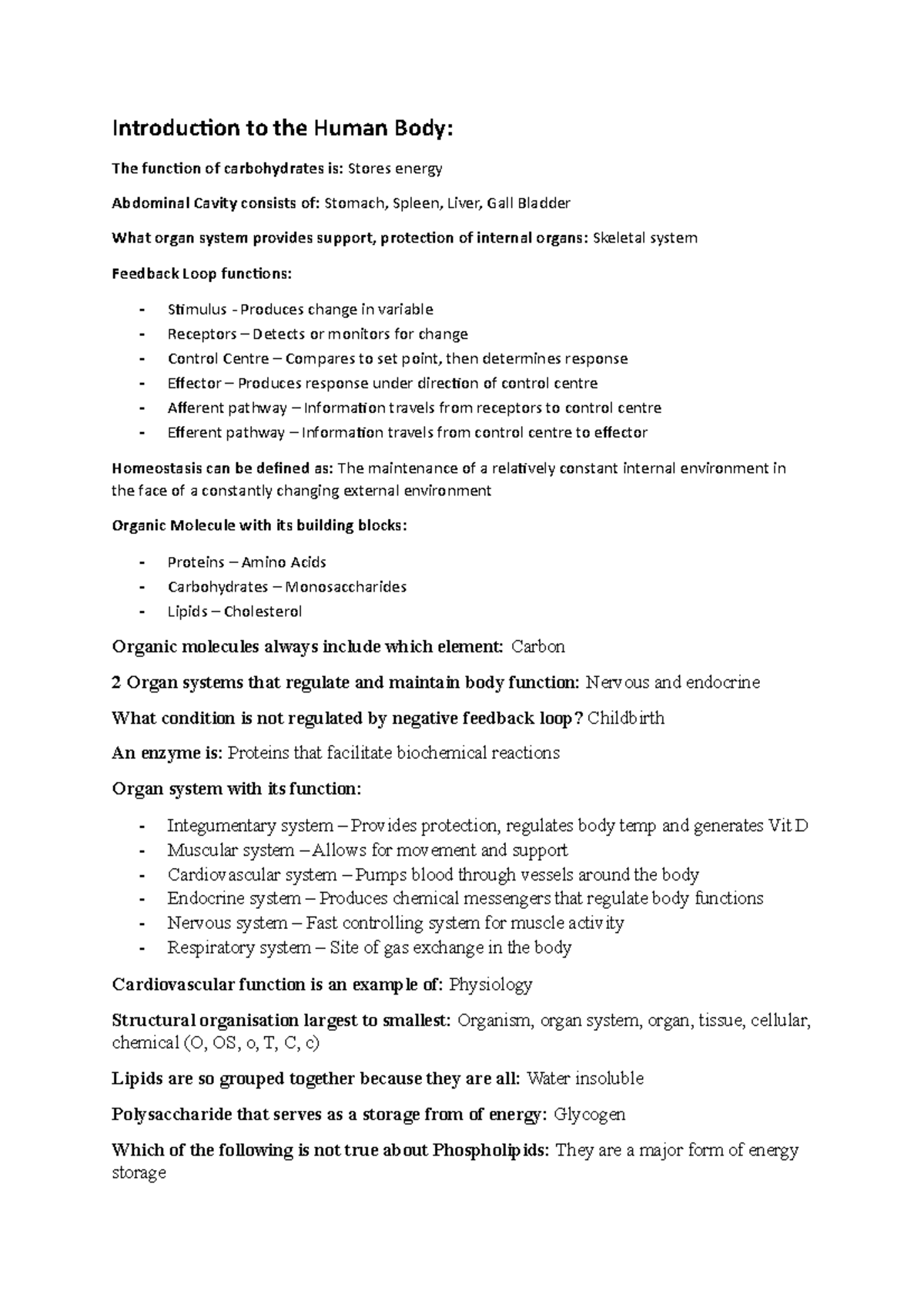 HBA Notes - Introduction to the Human Body - Introduction to the Human ...