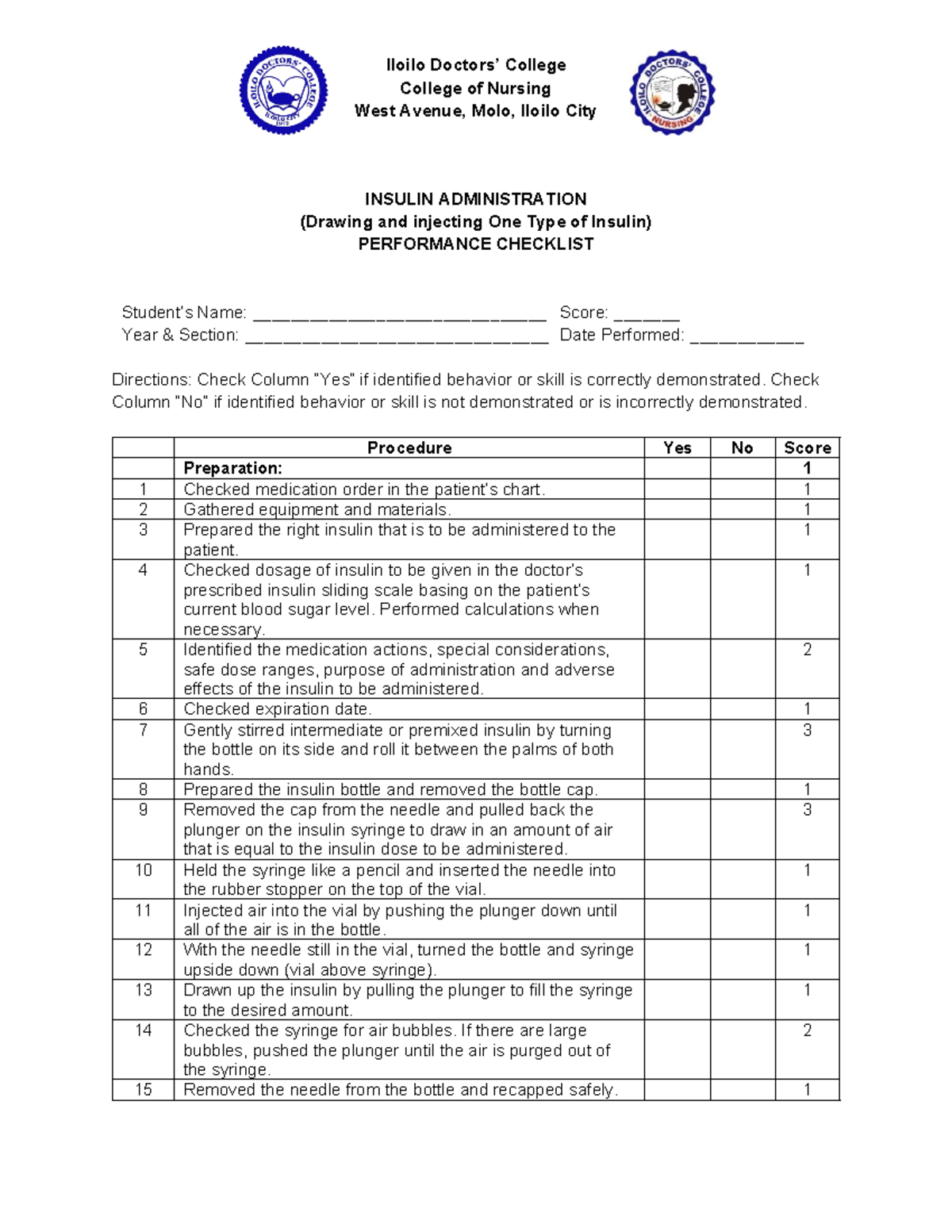 Checklist- Insulin- Admin-one-type-of-Insulin-1 - Iloilo Doctors’ College College of Nursing ...