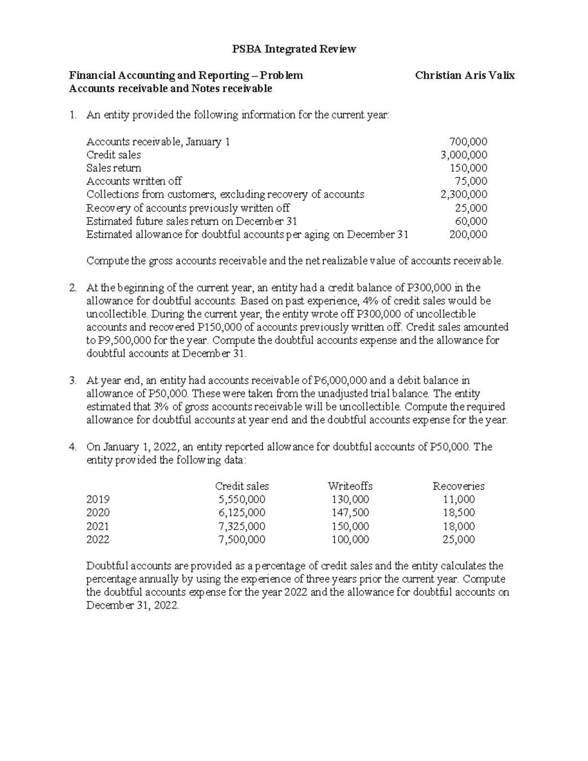 Accounts receivable and Notes receivable, Problem - PSBA Integrated ...