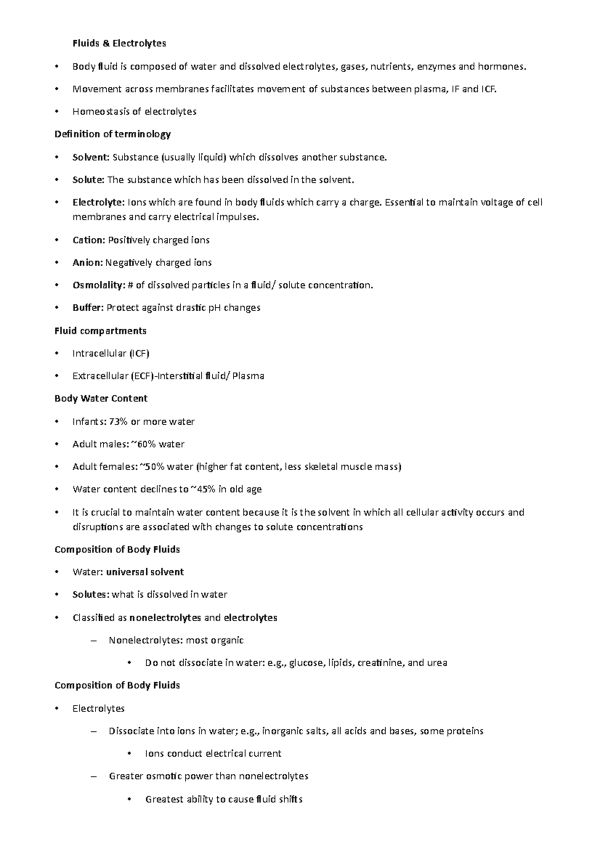 Fluids and Electrolytes Notes - Fluids Electrolytes Body fluid is ...