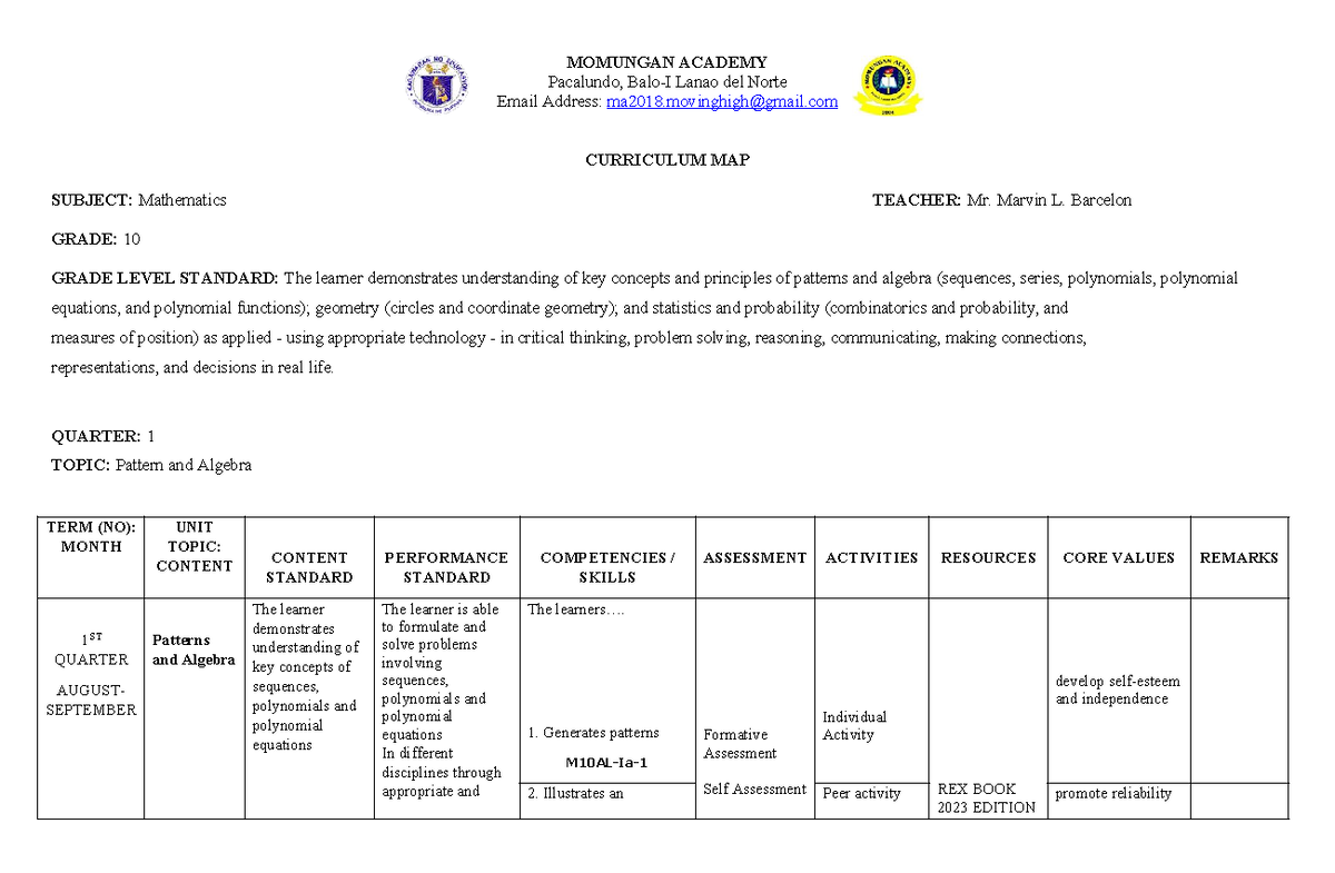 Curriculum MAP Grade 10 1ST-4TH - MOMUNGAN ACADEMY Pacalundo, Balo-I ...